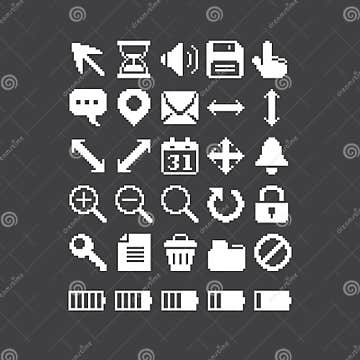 Black and White 1bit Pixel Art Minimalistic Set of PC Toolbar Interface ...