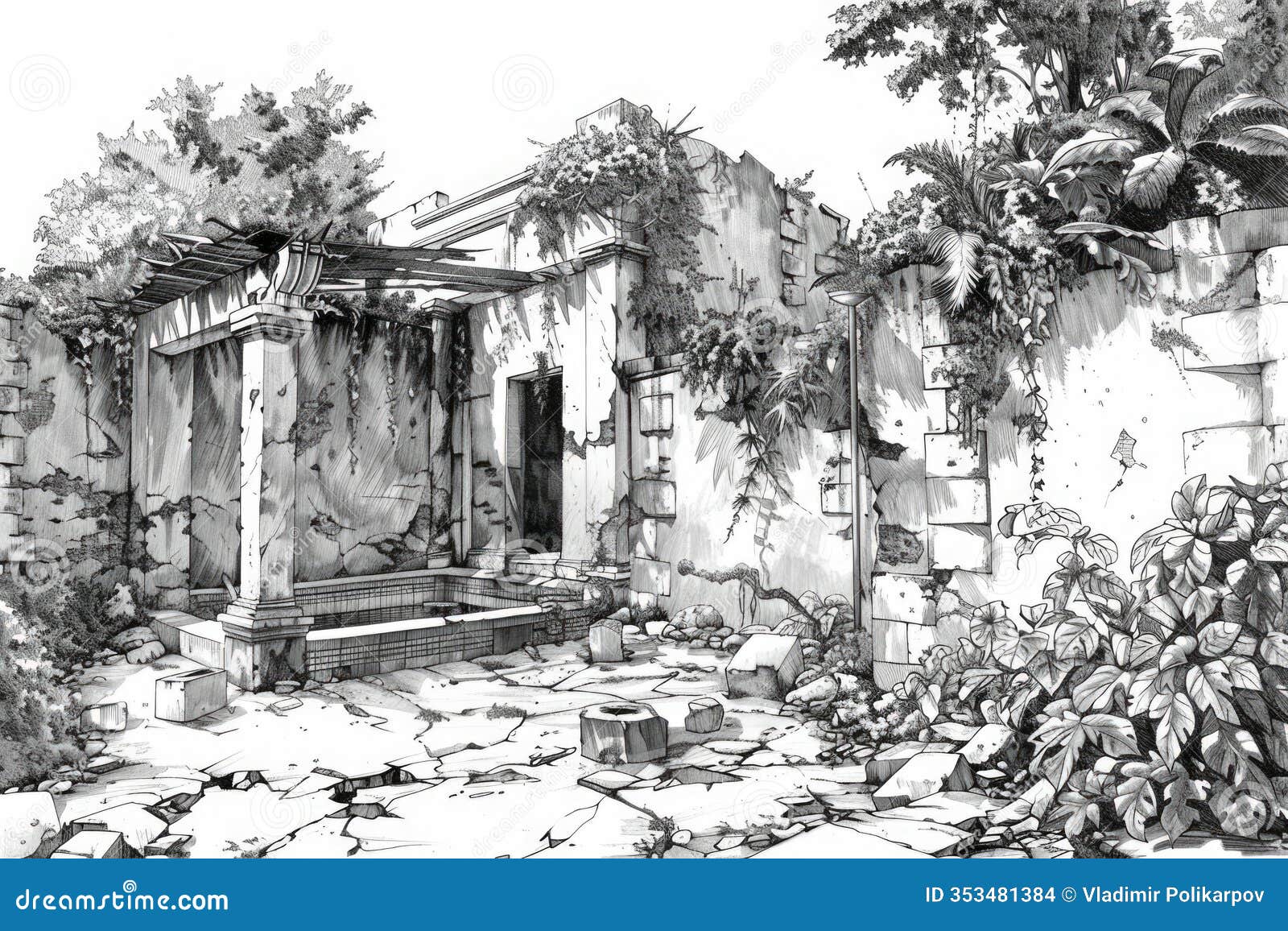 Simple Black and White Drawing of a Courtyard, Suitable for ...