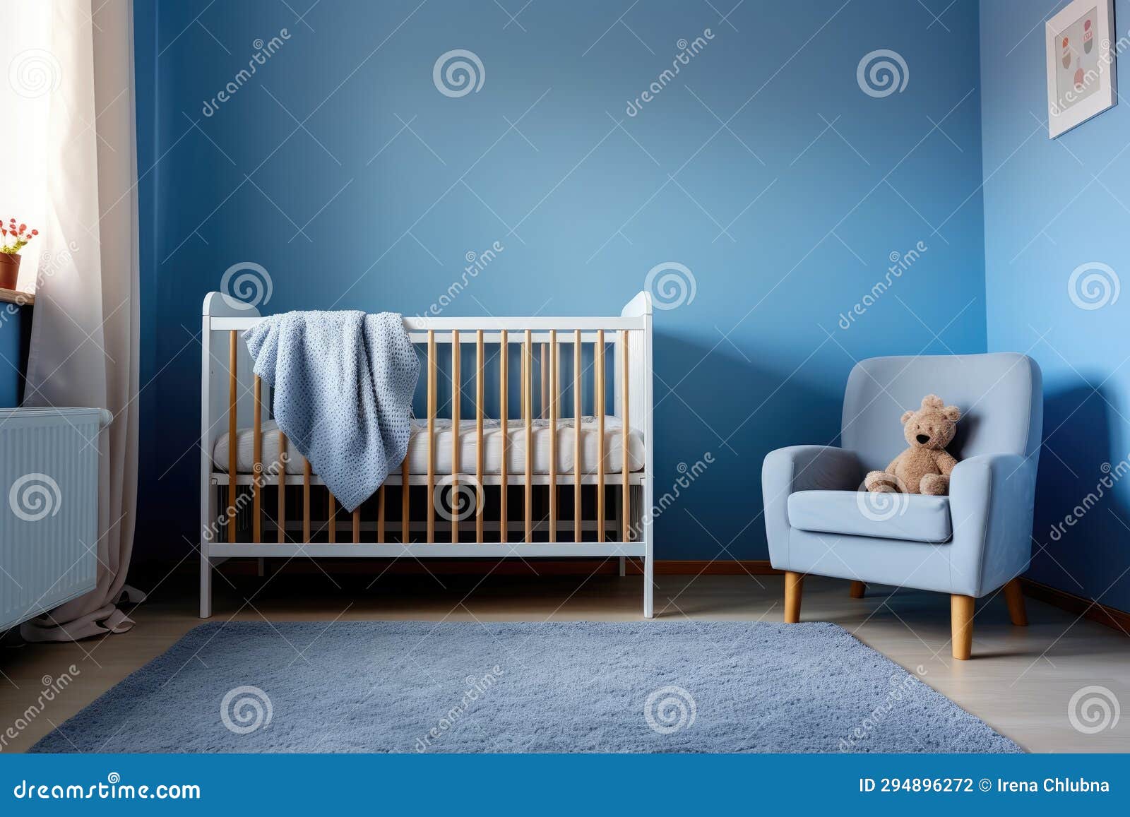 Simple, Blue Baby Bedroom with Cot and Rug. Generative AI Stock ...