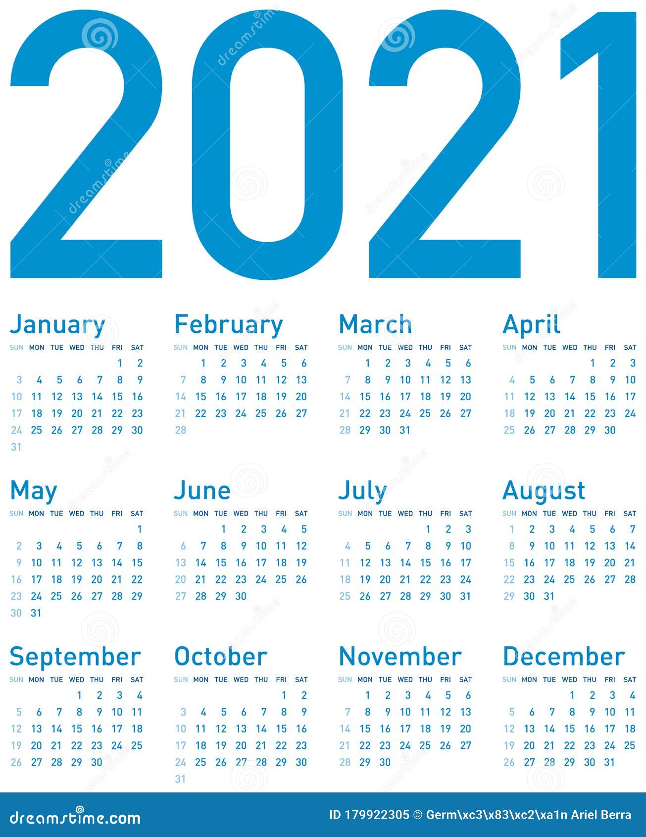 Simple Blue Calendar for Year 2021 Stock Vector - Illustration of ...