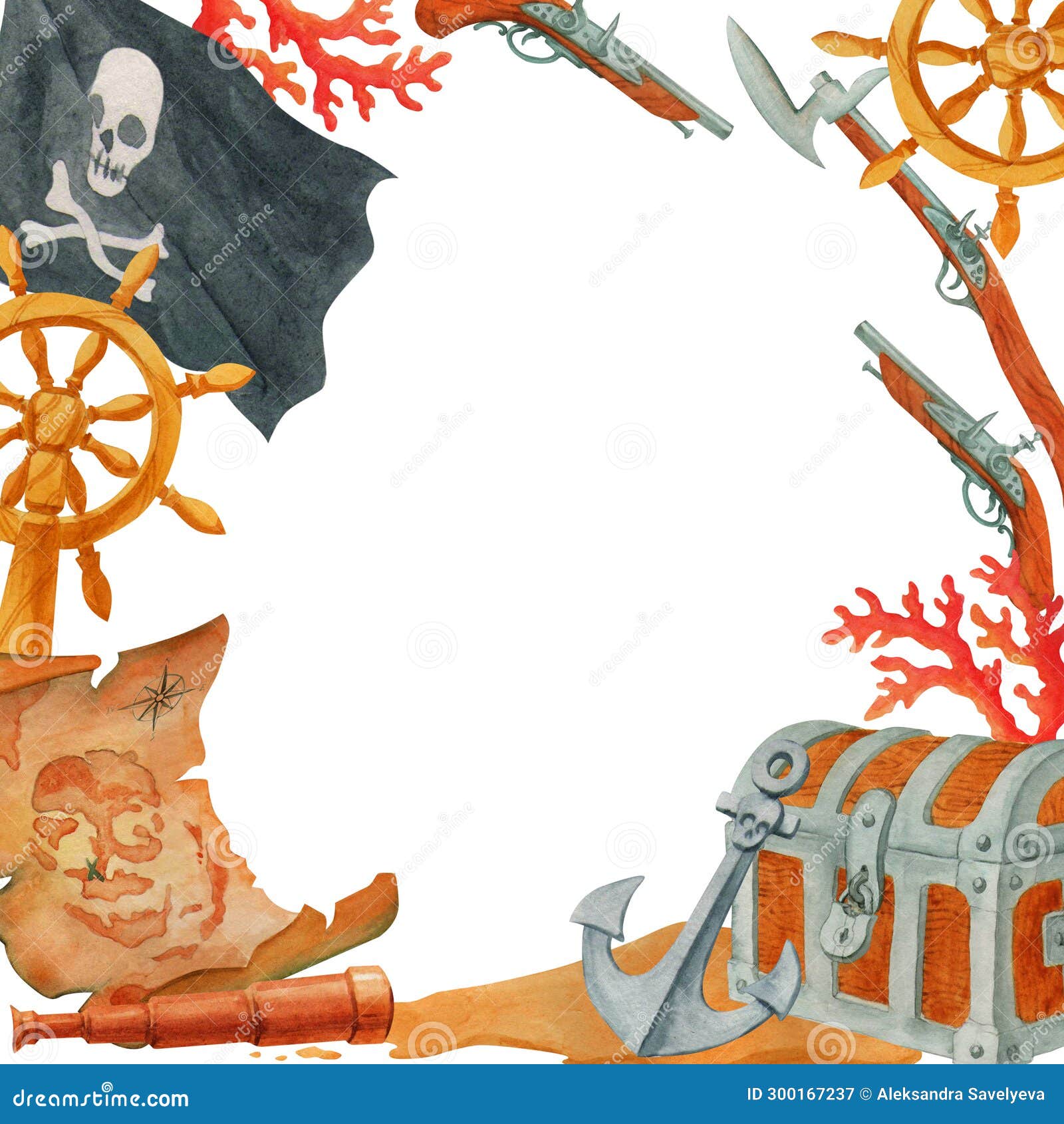 Simple Border, Frame with Pirate Elements: Black Flag, Treasure Map ...