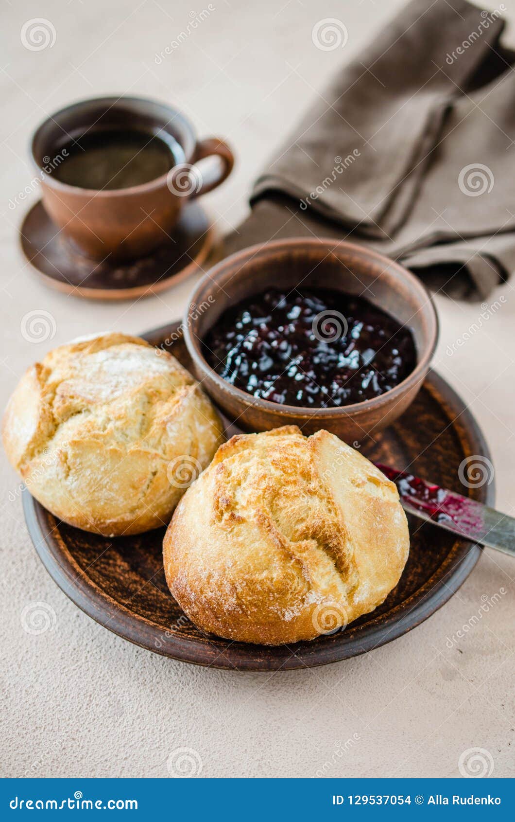 Simple Breakfast: Coffee Americano, Fresh Buns and Jam. Stock Photo ...