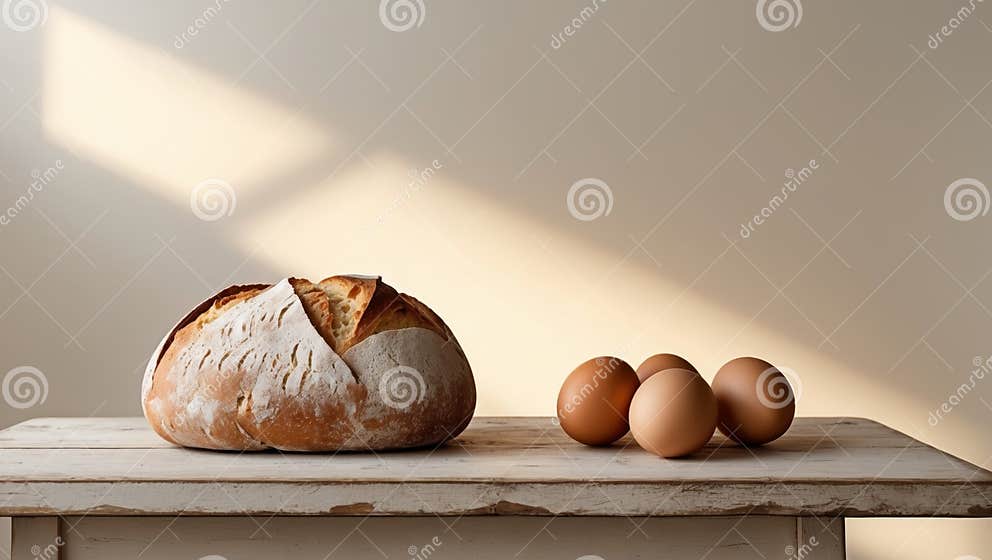 A Simple Breakfast Setup with a Loaf of Bread and Some Eggs on a Table ...