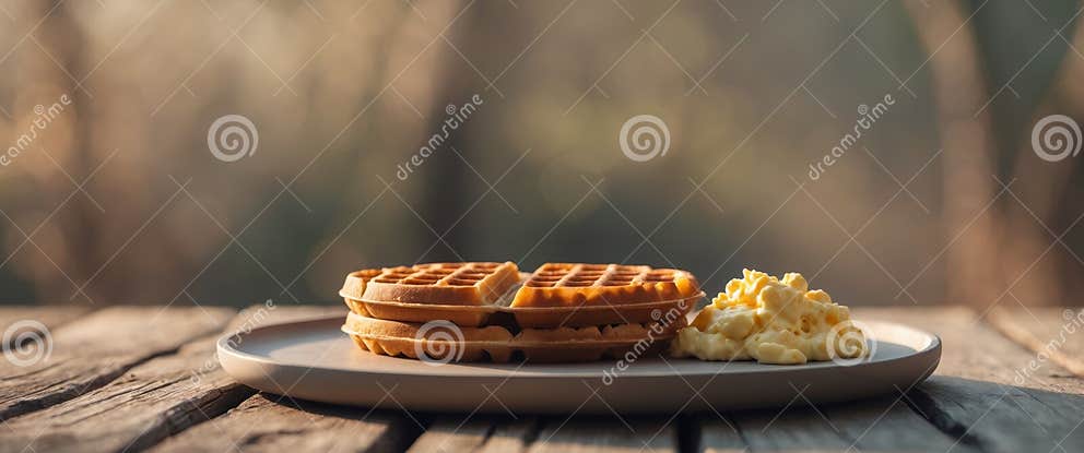 A Simple Breakfast Setup with Waffles and Scrambled Eggs on a Wooden ...
