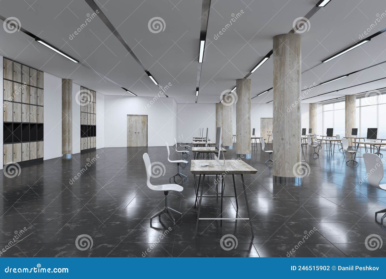 Simple Spacious Coworking Office Interior with Panoramic City View and ...
