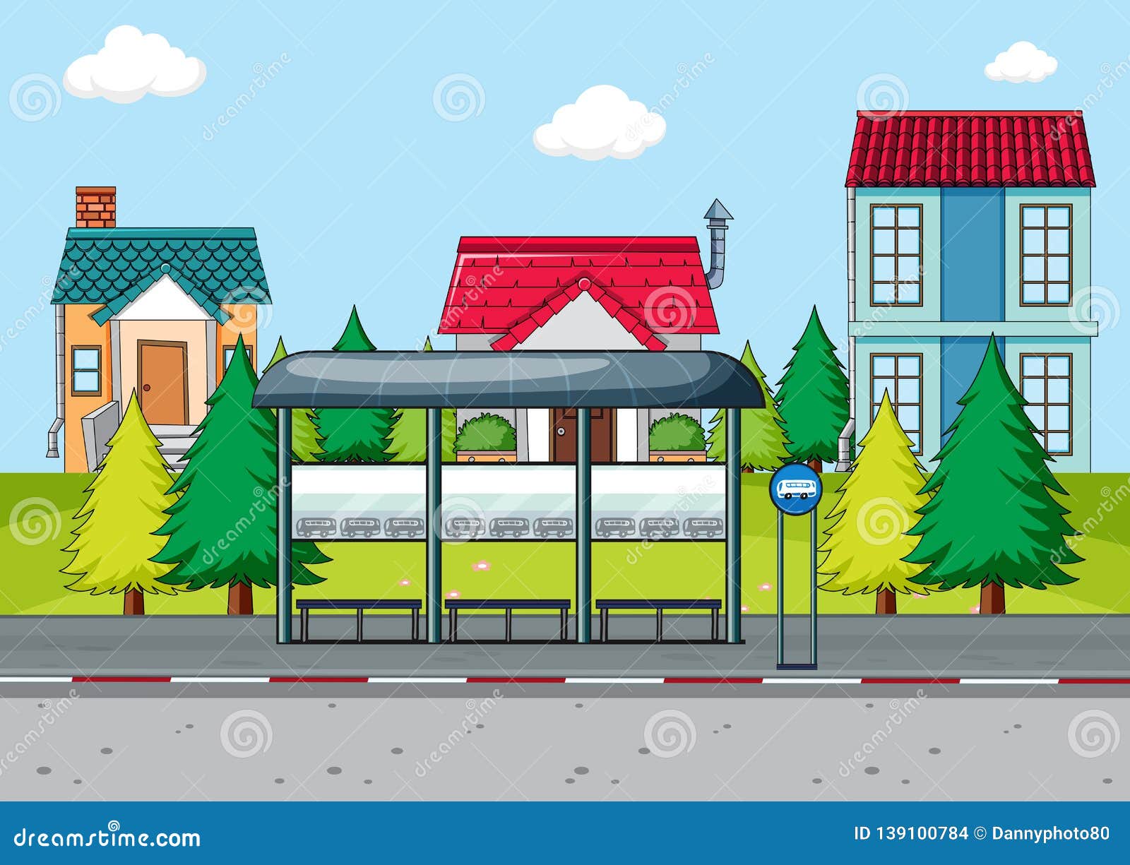 A simple bus stop scene stock illustration. Illustration of house ...