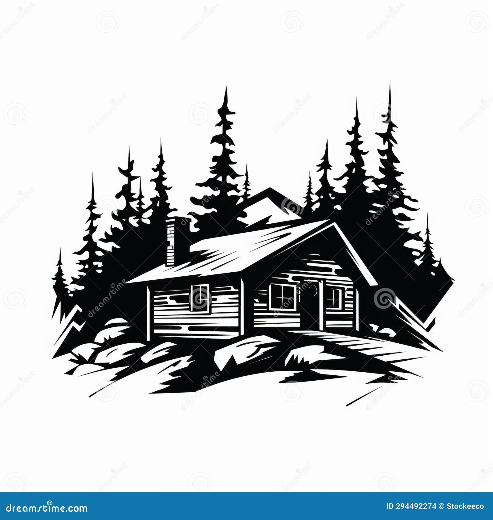 Simple Cabin in the Mountains - Black and White Vector Illustration ...