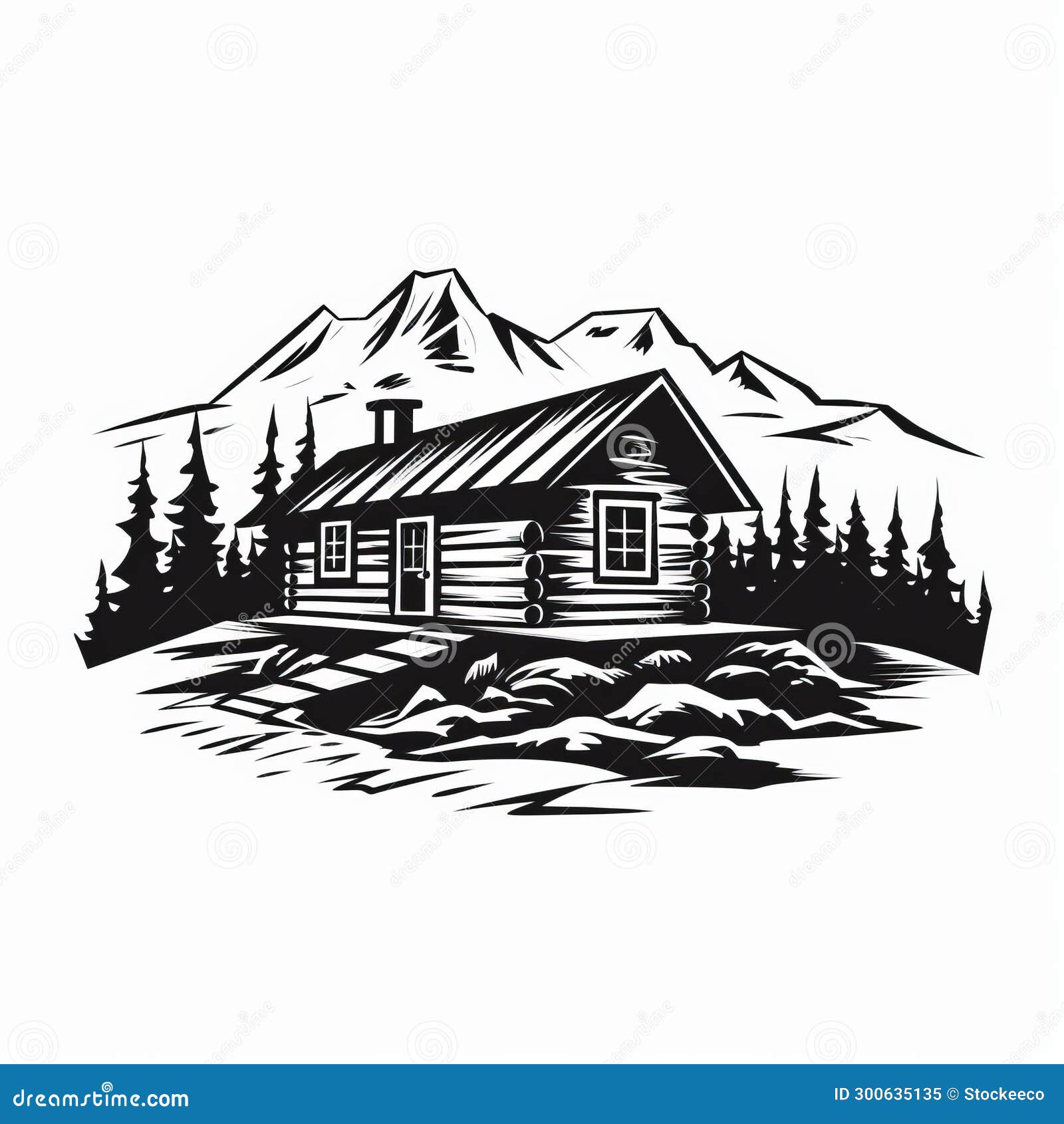 Vintage-inspired Log Cabin Illustration with Bold Black and White Art ...