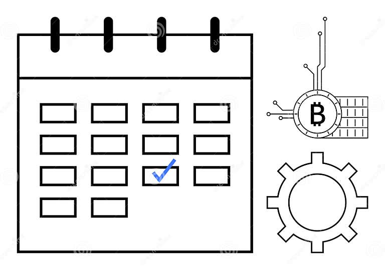 Calendar Grid with Bitcoin Symbol and Gear Representing Cryptocurrency ...
