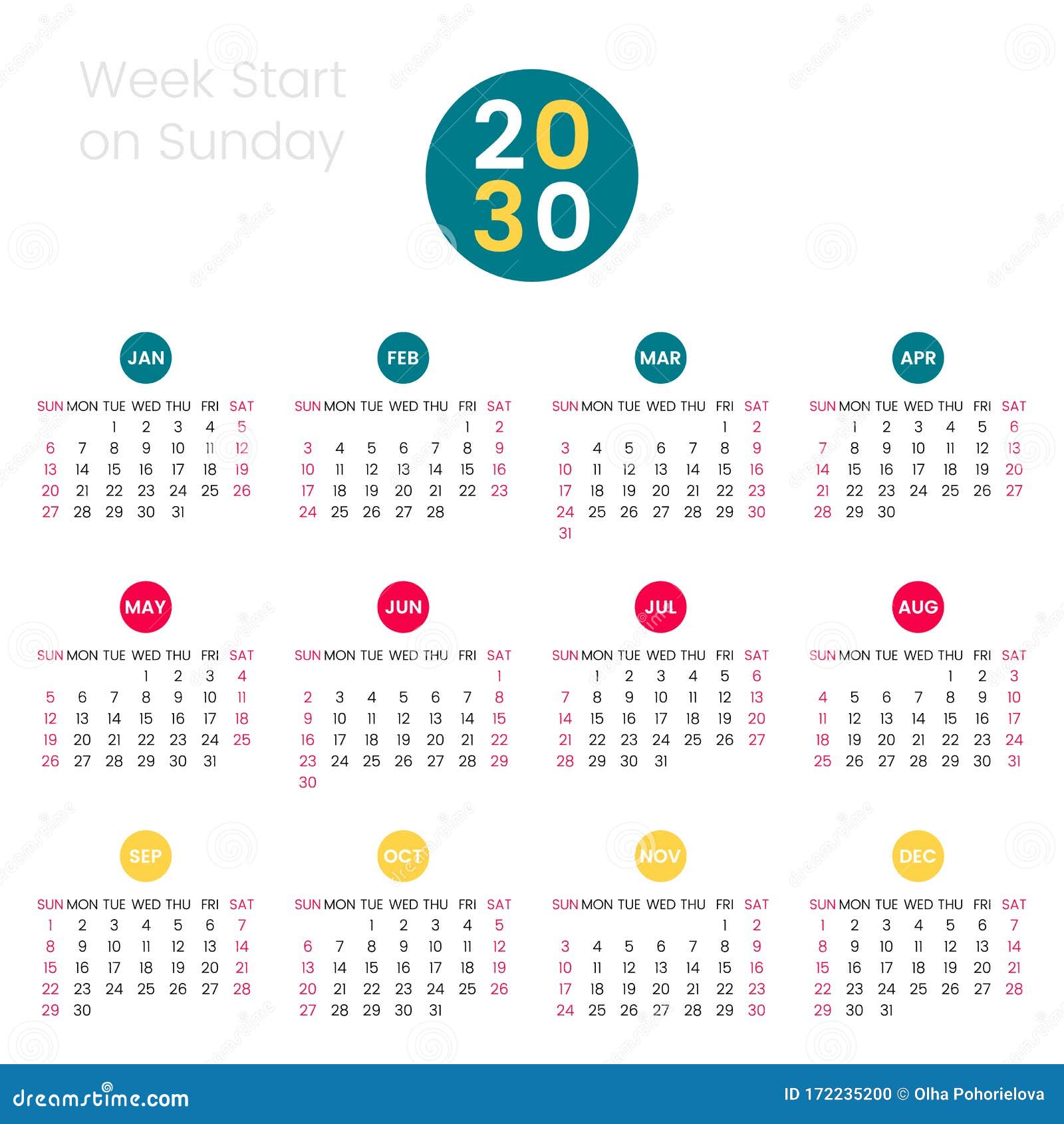 2030 Simple Calendar. Calendar Grid. The Week Starts On Sunday Stock ...