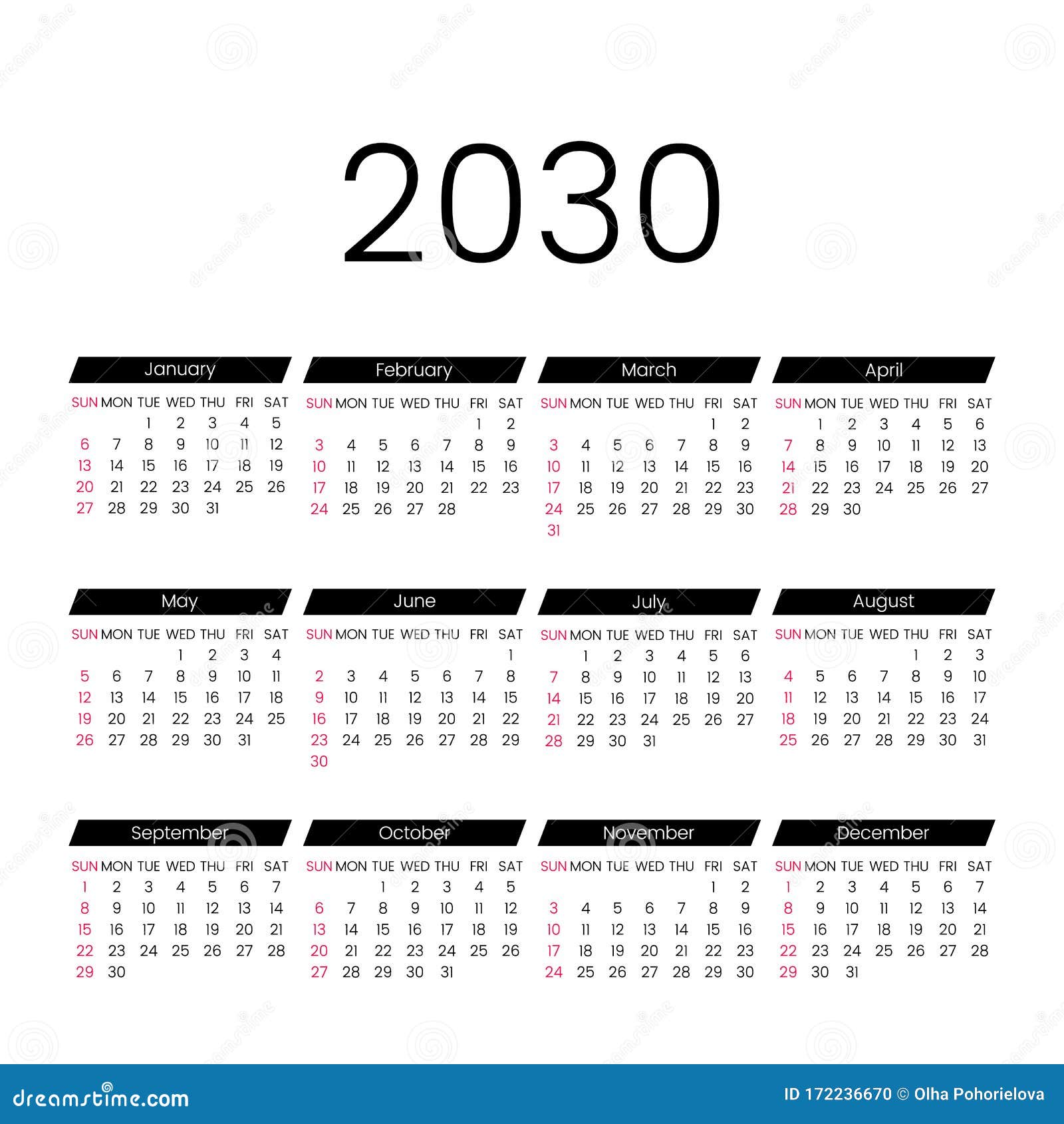 Simple 2030 Year Calendar Vector Illustration | CartoonDealer.com ... Simple 2030 Year Calendar Vector Illustration | CartoonDealer.com ...