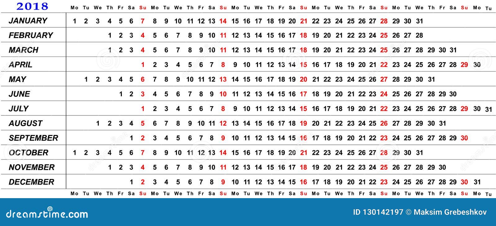 Simple Calendar Layout for 2018 Year Stock Illustration - Illustration ...
