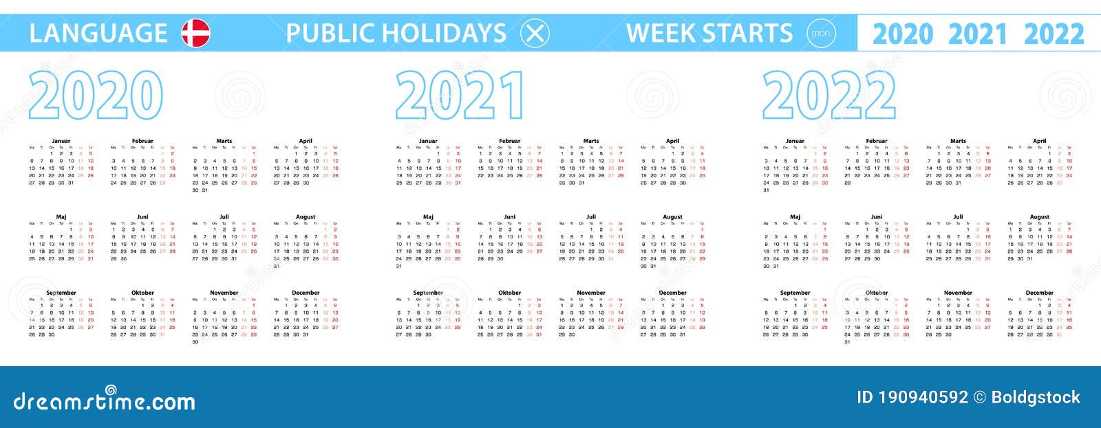 Simple Calendar Template in Danish for 2020, 2021, 2022 Years. Week ...