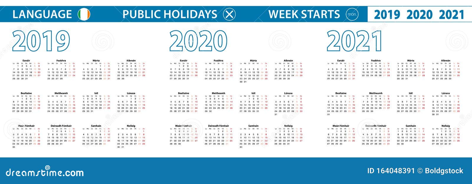 Simple Calendar Template in Irish for 2019, 2020, 2021 Years. Week ...