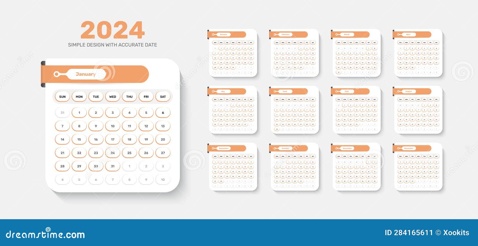 Simple Calendar Template Layout Design of 2024 with Accurate Date Stock ...
