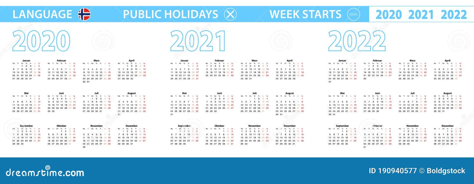 Simple Calendar Template in Norwegian for 2020, 2021, 2022 Years. Week ...