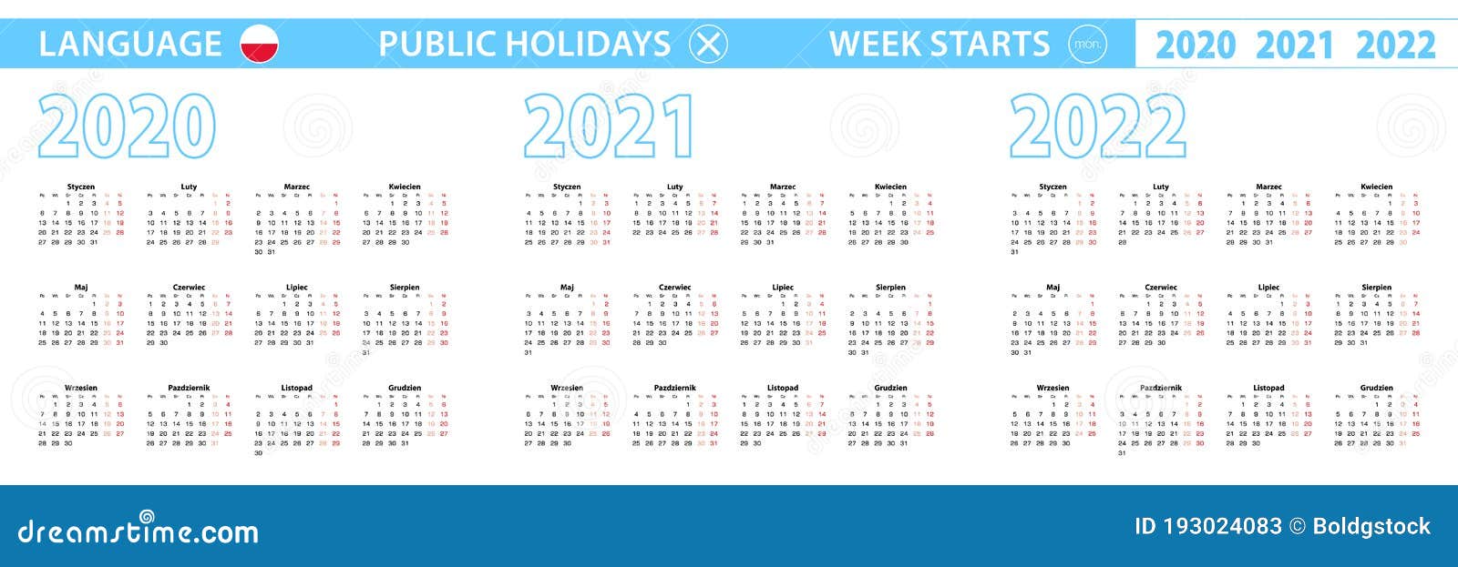Simple Calendar Template in Polish for 2020, 2021, 2022 Years. Week ...