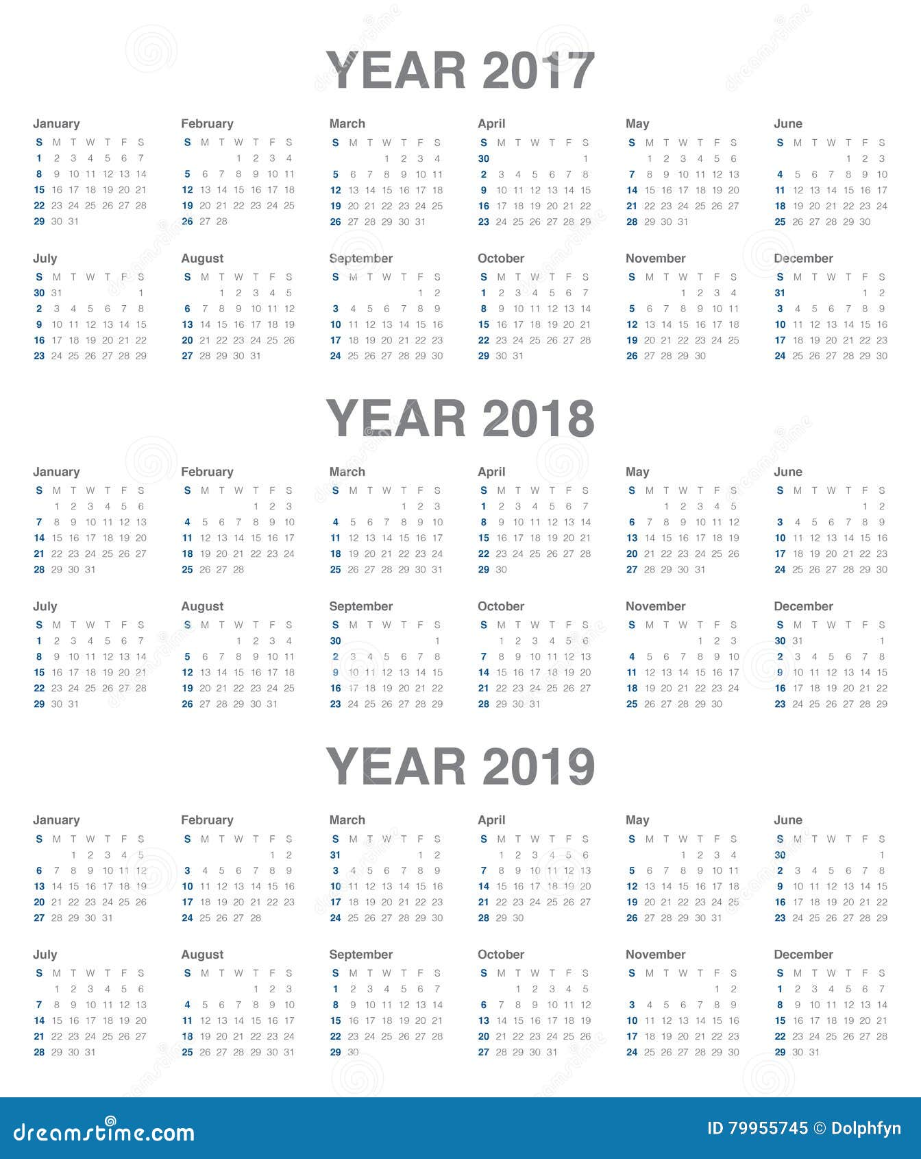 Simple Calendar Template for 2017 To 2019 Stock Vector - Illustration ...