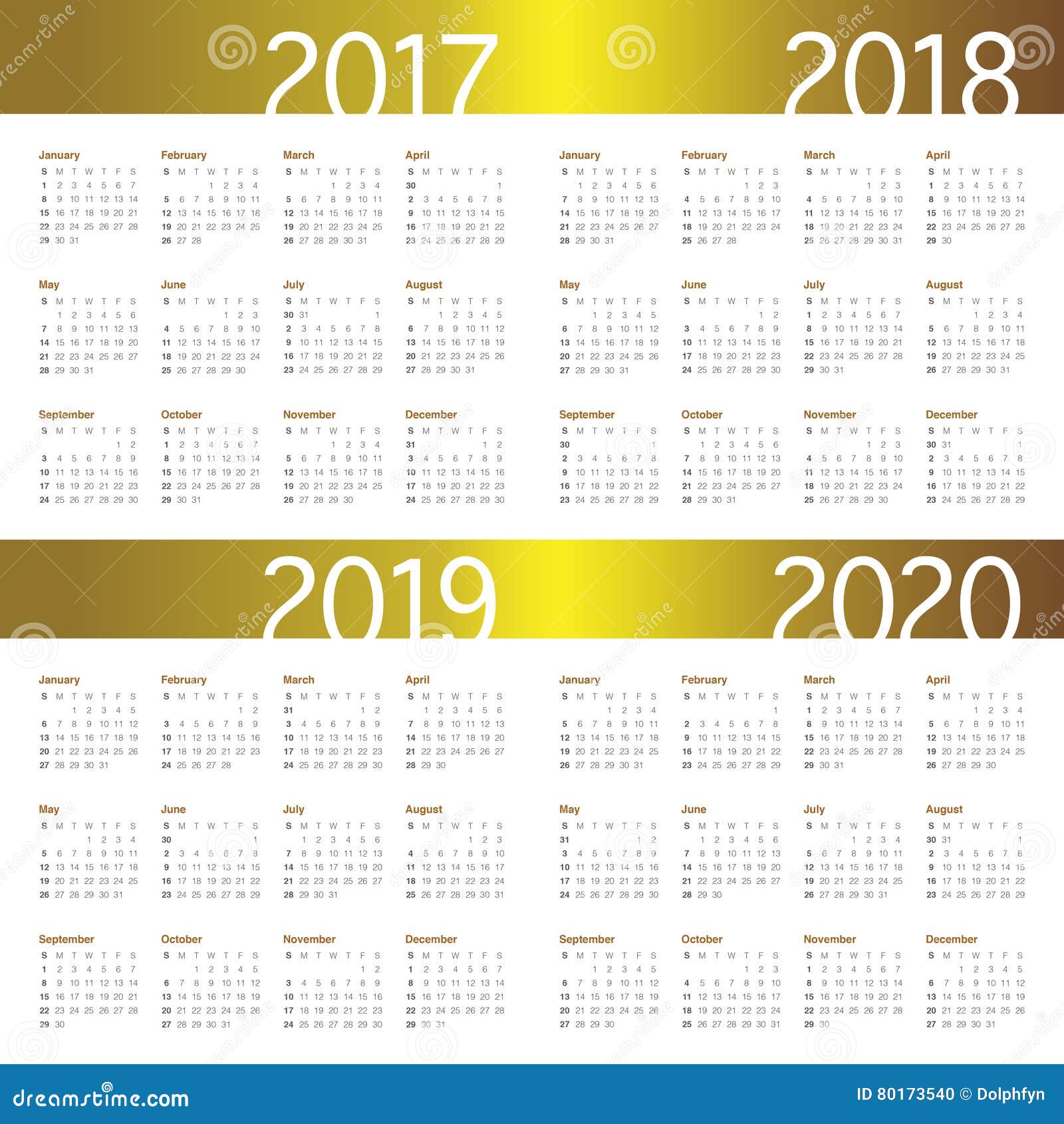Simple Calendar Template for 2017 To 2020 Stock Vector - Illustration ...