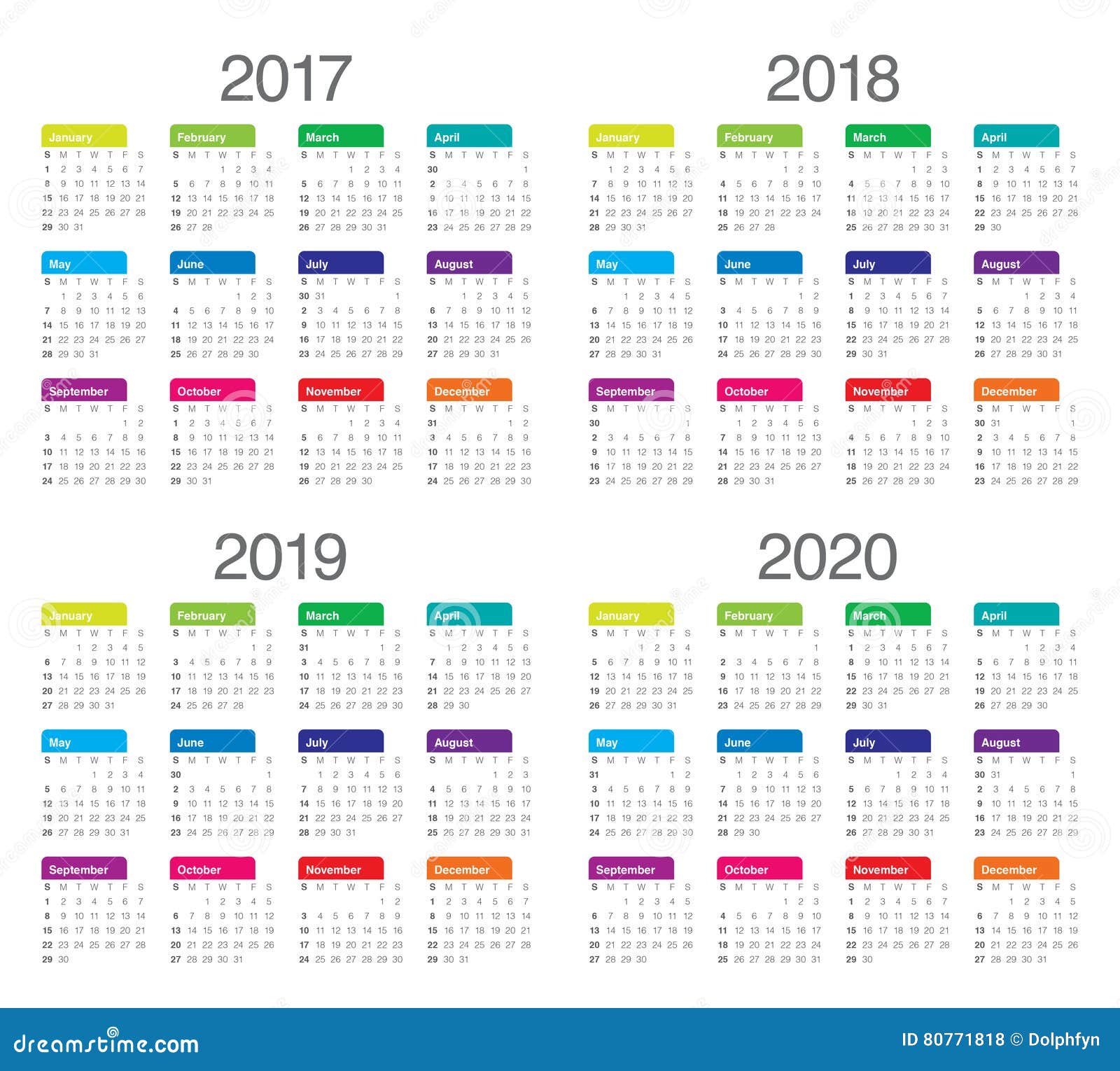 Simple Calendar Template for 2017 To 2020 Stock Vector - Illustration ...