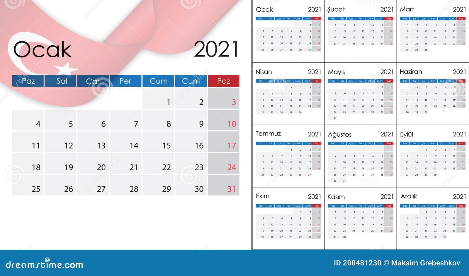 Simple Calendar 2021 on Turkish Language, Week Start on Monday. for ...