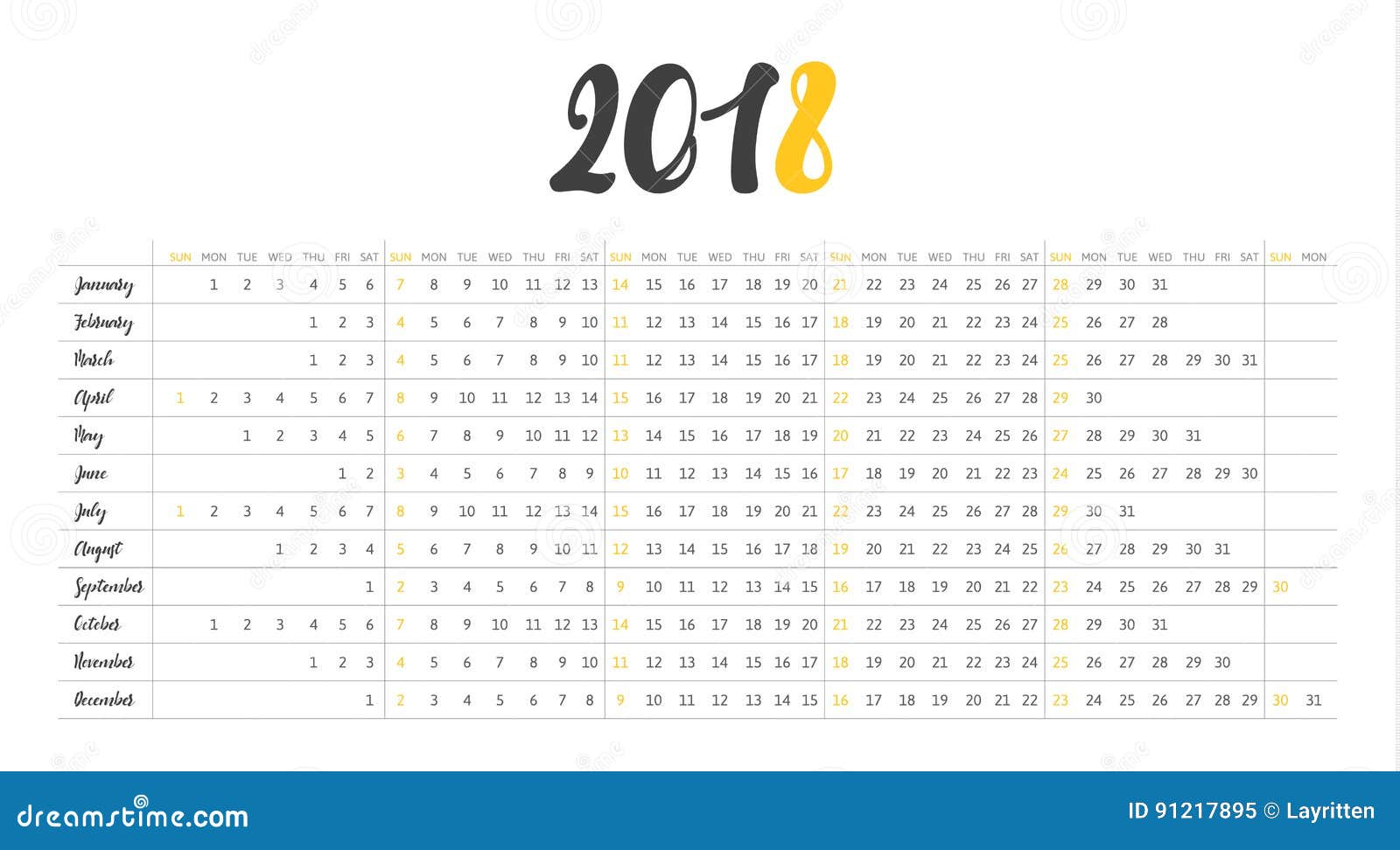 Simple Calendar 2018. Week Starts on Sunday Stock Vector - Illustration ...