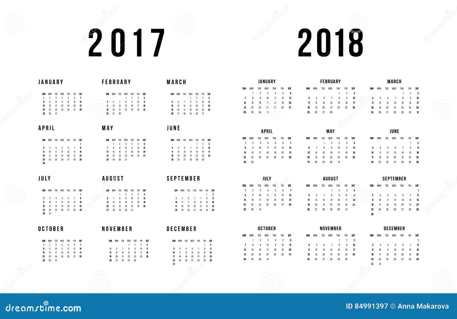 Simple Calendar for 2017 and 2018 on White Background Stock ...