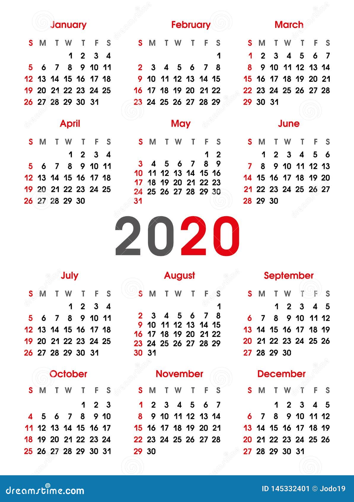 Simple calendar 2020 year stock vector. Illustration of calendar ...