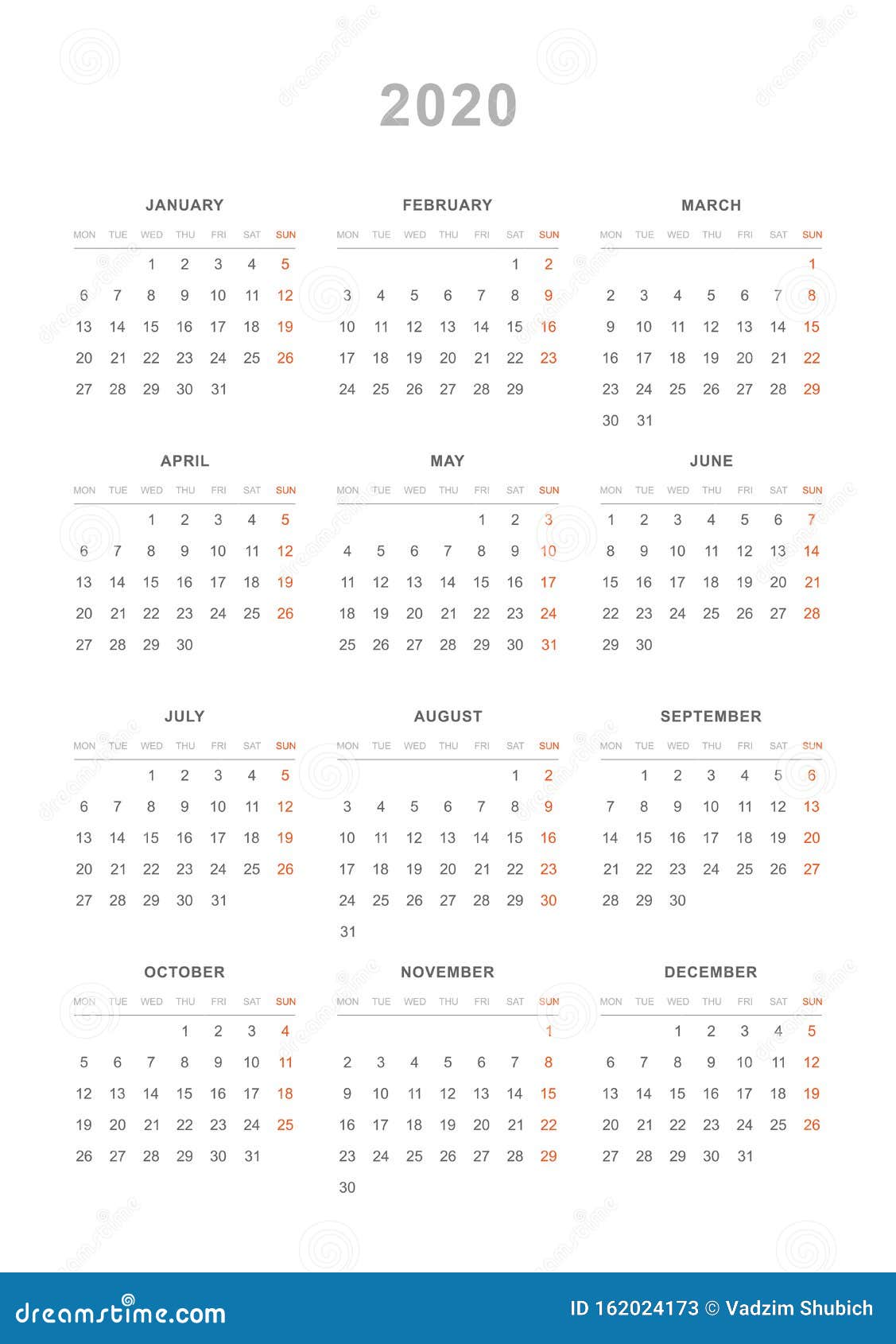 Simple Calendar 2020 Year. Week Starts from Sunday Stock Illustration ...