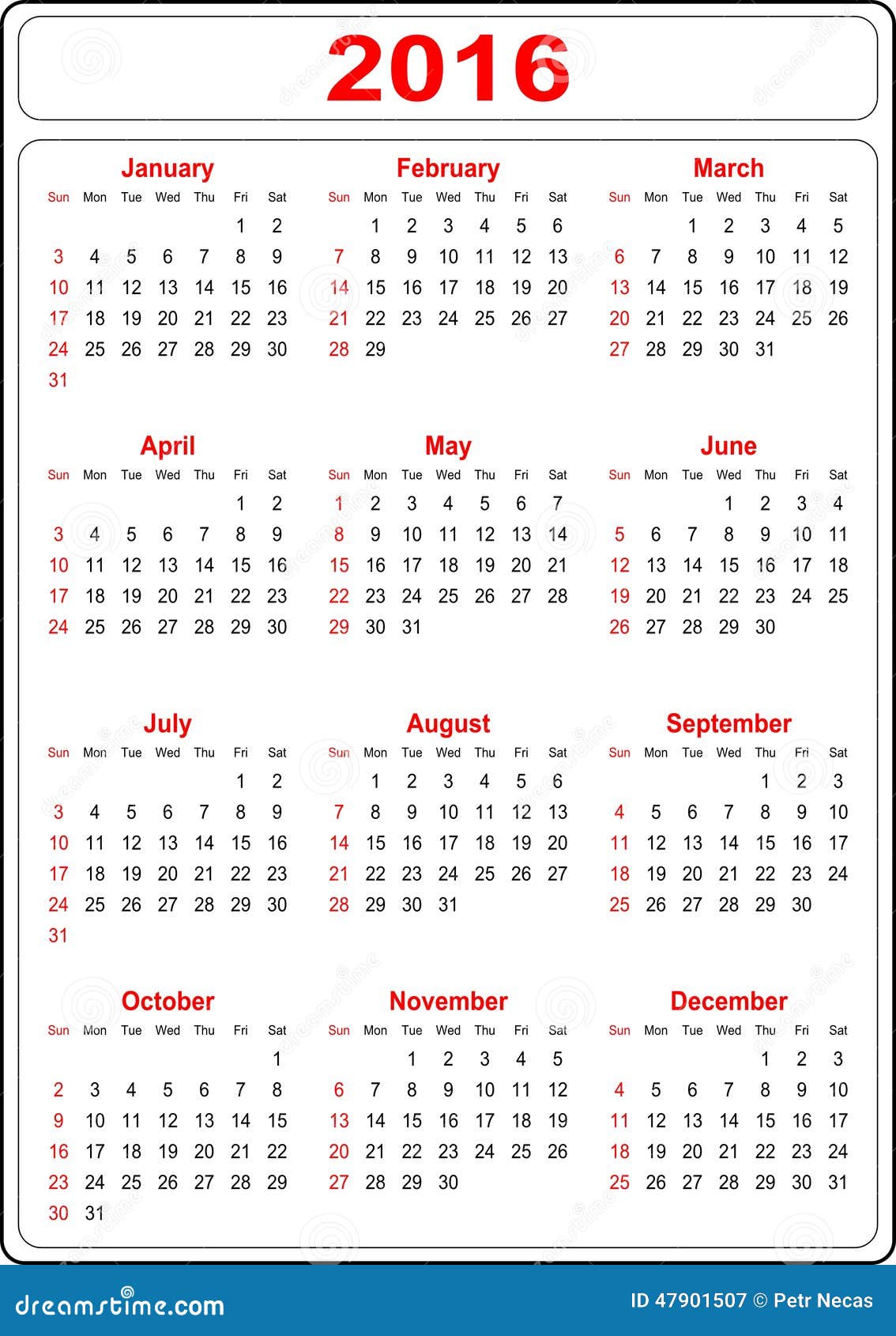 Simple Calendar 2016 stock vector. Illustration of january - 47901507