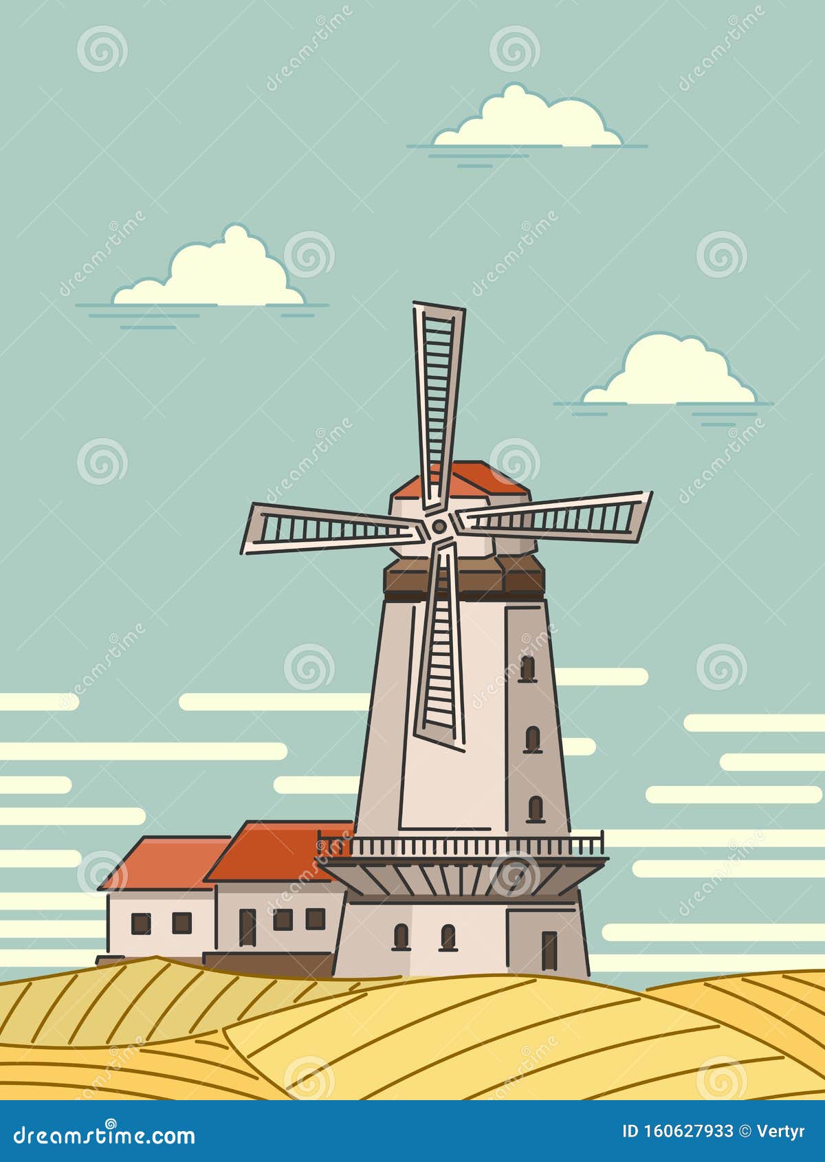 Simple Cartoon Illustrations of Windmill at Blue Sky. Stock Vector ...
