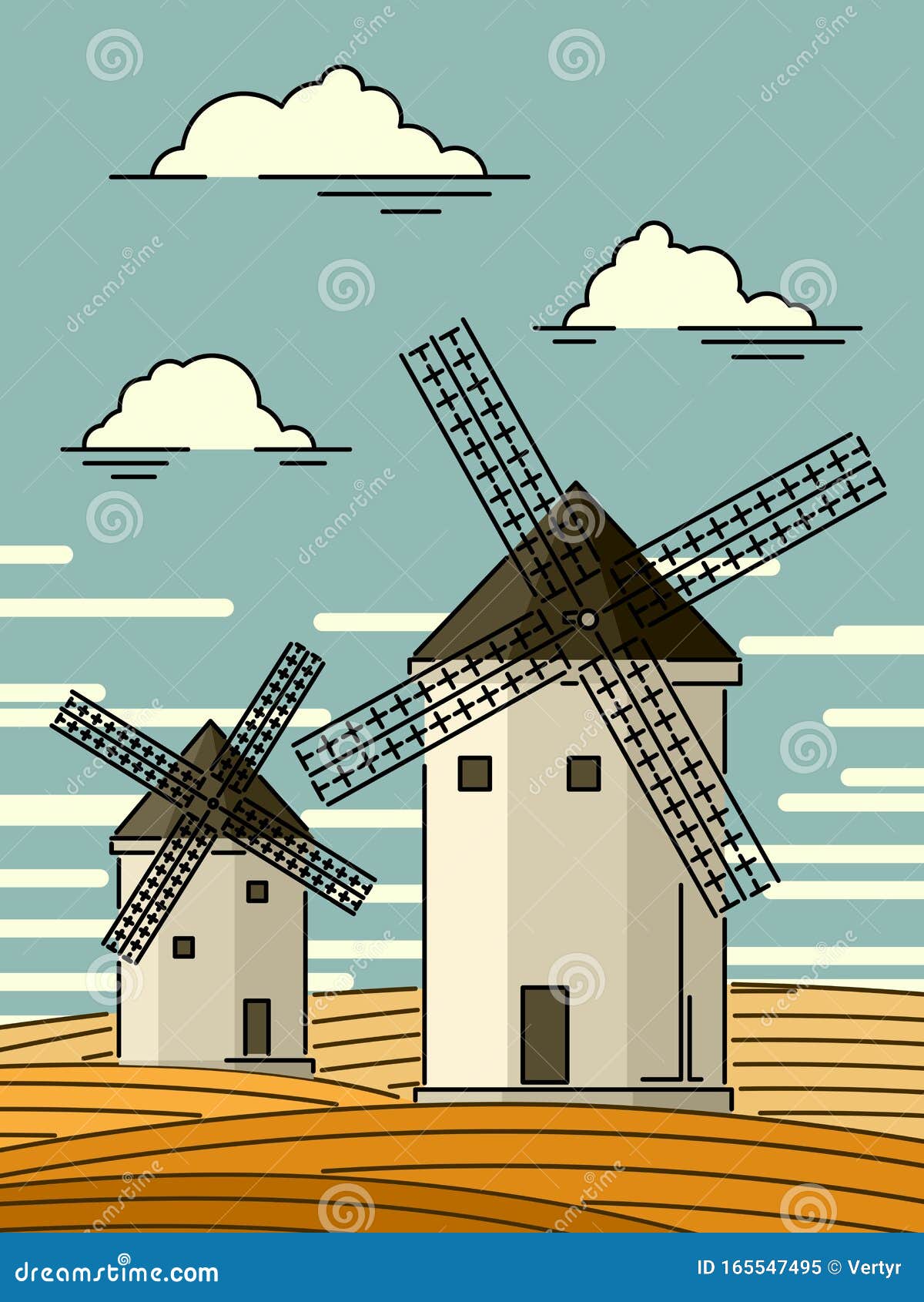 Simple Cartoon Illustrations of Windmills at Blue Sky. Stock Vector ...