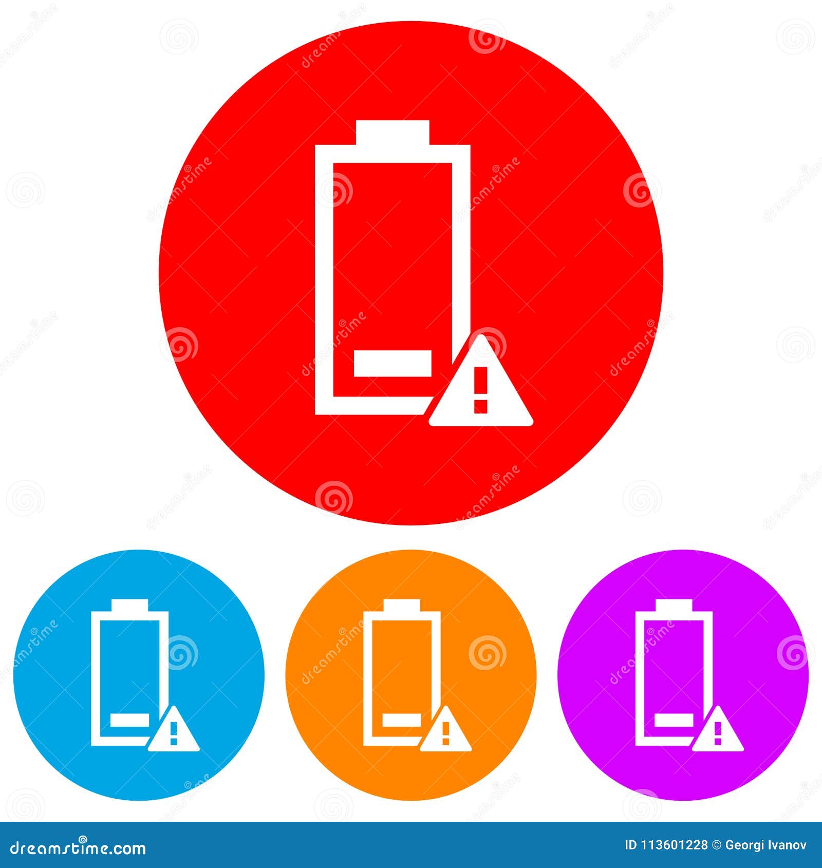 Simple, Circular, Flat Low Battery Warning Icon. Four Color Variations ...