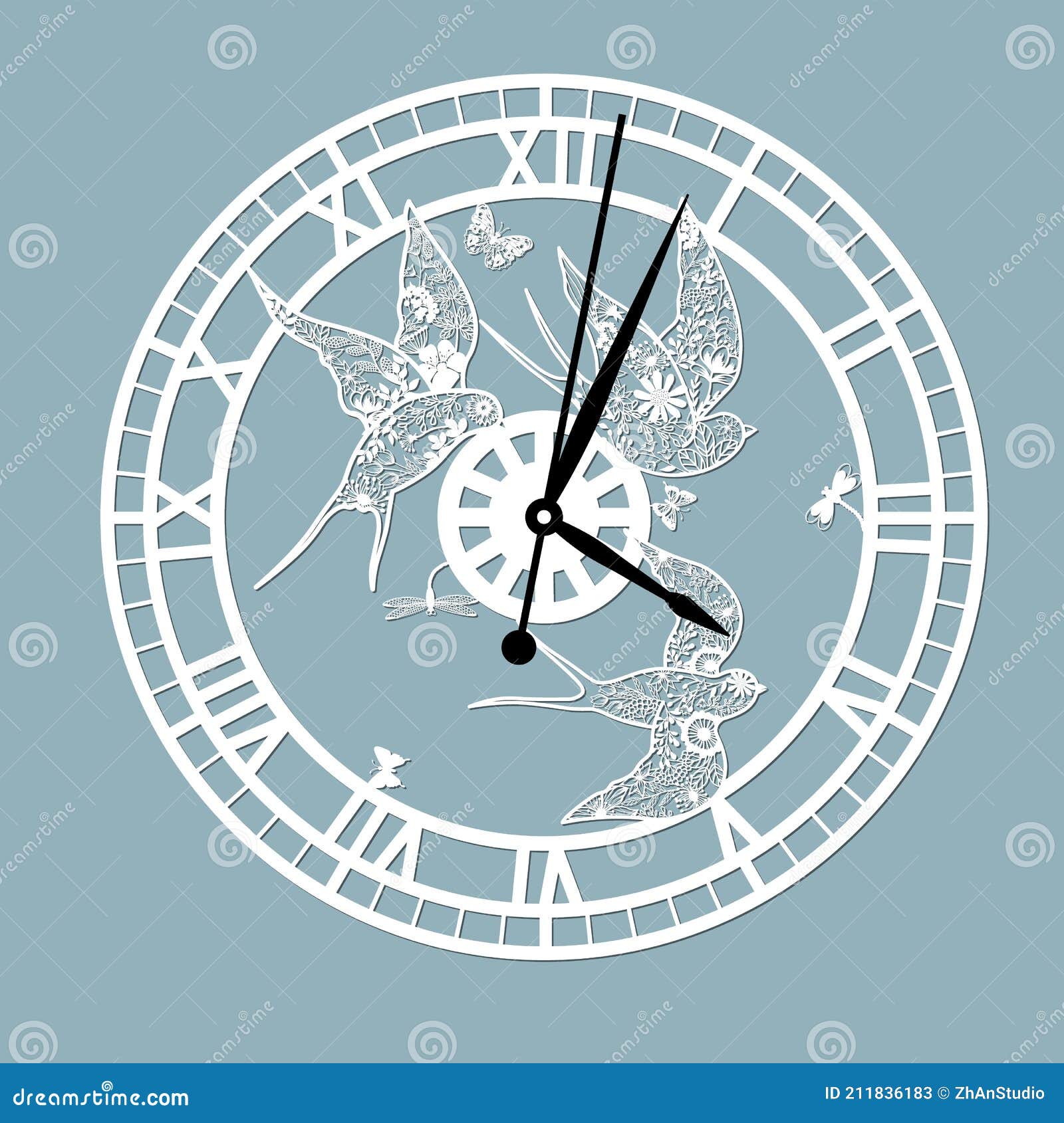 Simple Clock Face with Roman Numerals and Swallows. Vector Template for ...