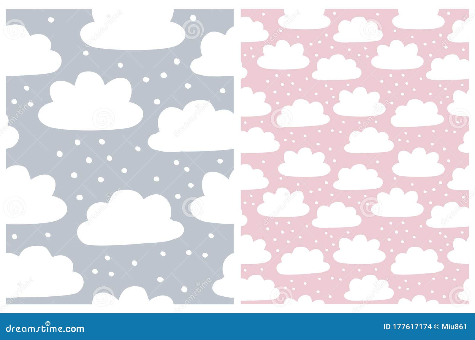Cute Seamless Vector Pattern with White Fluffy Hand Drawn Clouds on a ...