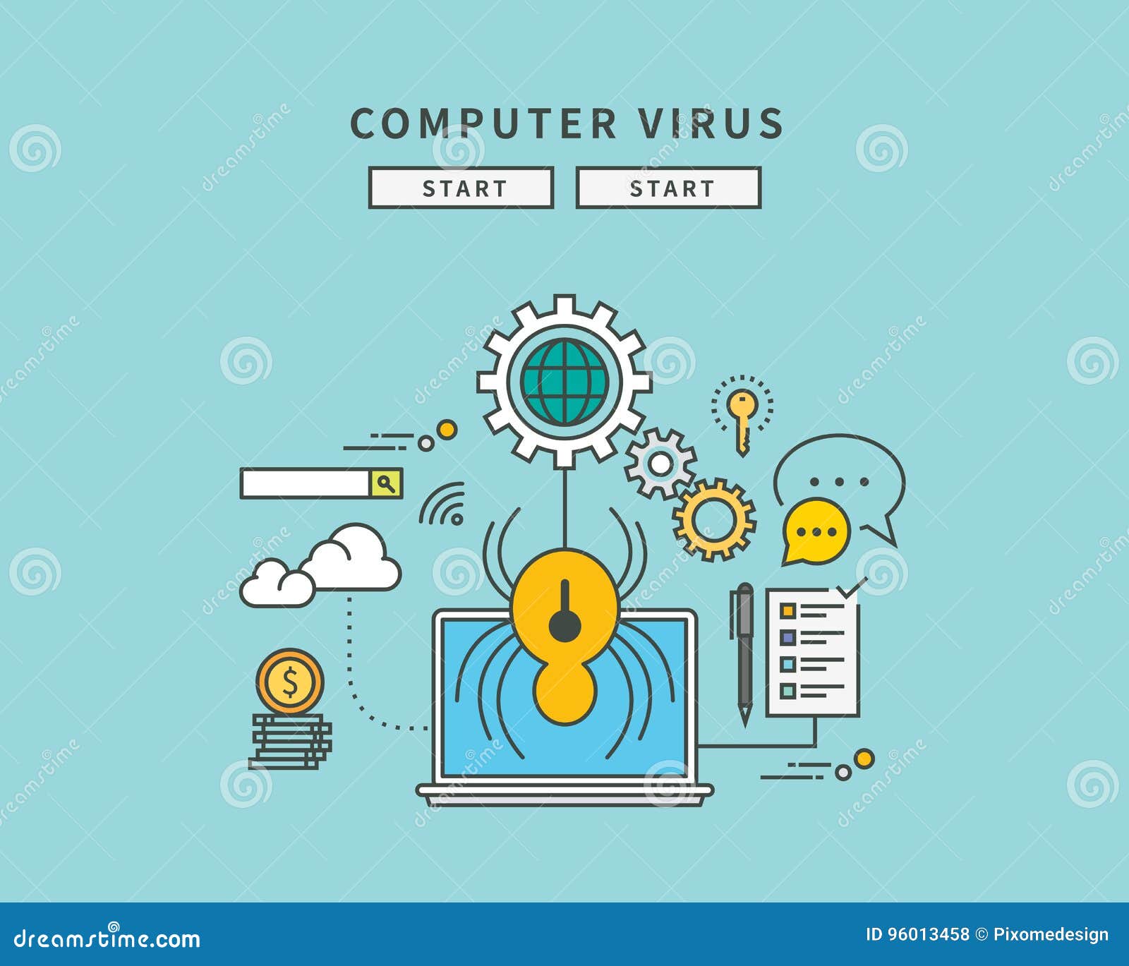 Simple Color Line Flat Design of Computer Virus, Modern Illustration ...