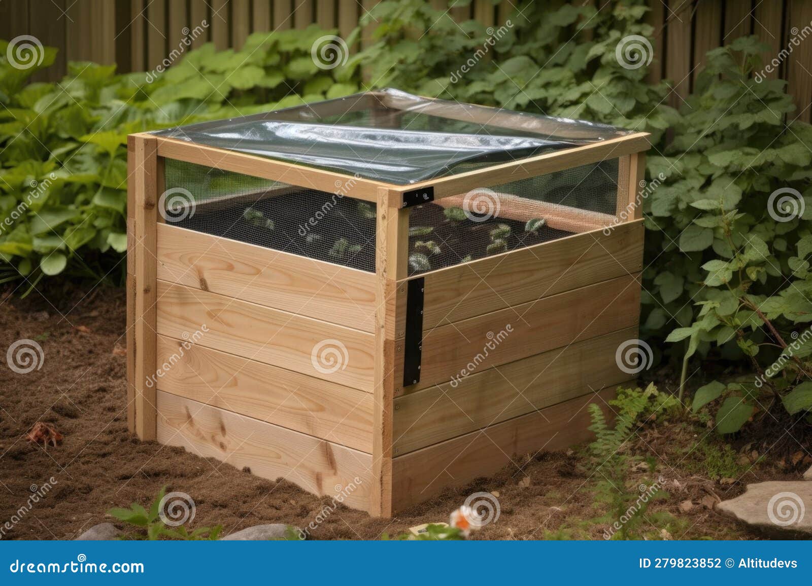 Simple Compost Bin with Wooden Frame and Screen Lid Stock Photo - Image ...
