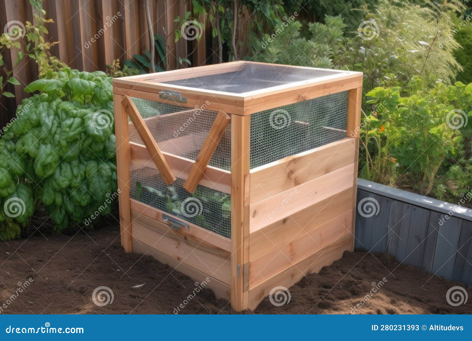 Simple Compost Bin with Wooden Frame and Screen Lid Stock Image - Image ...