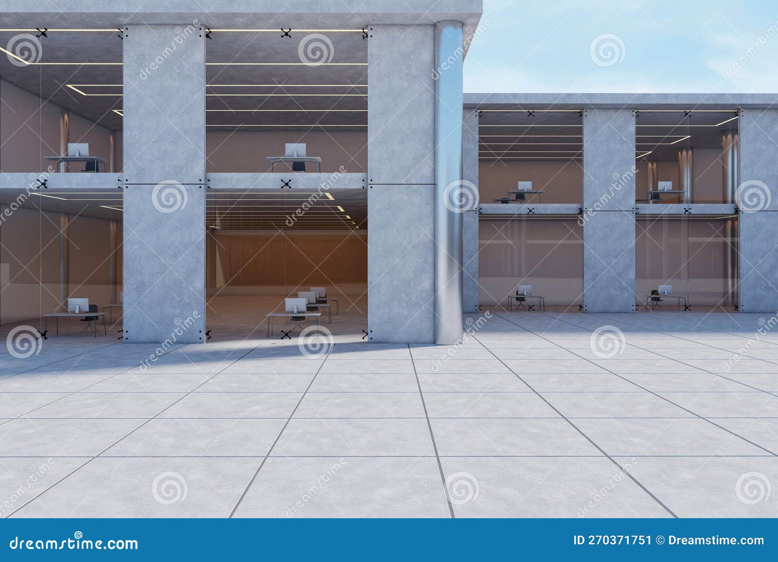 Simple Concrete Office Building Exterior On Bright Blue Sky Backgroound ...