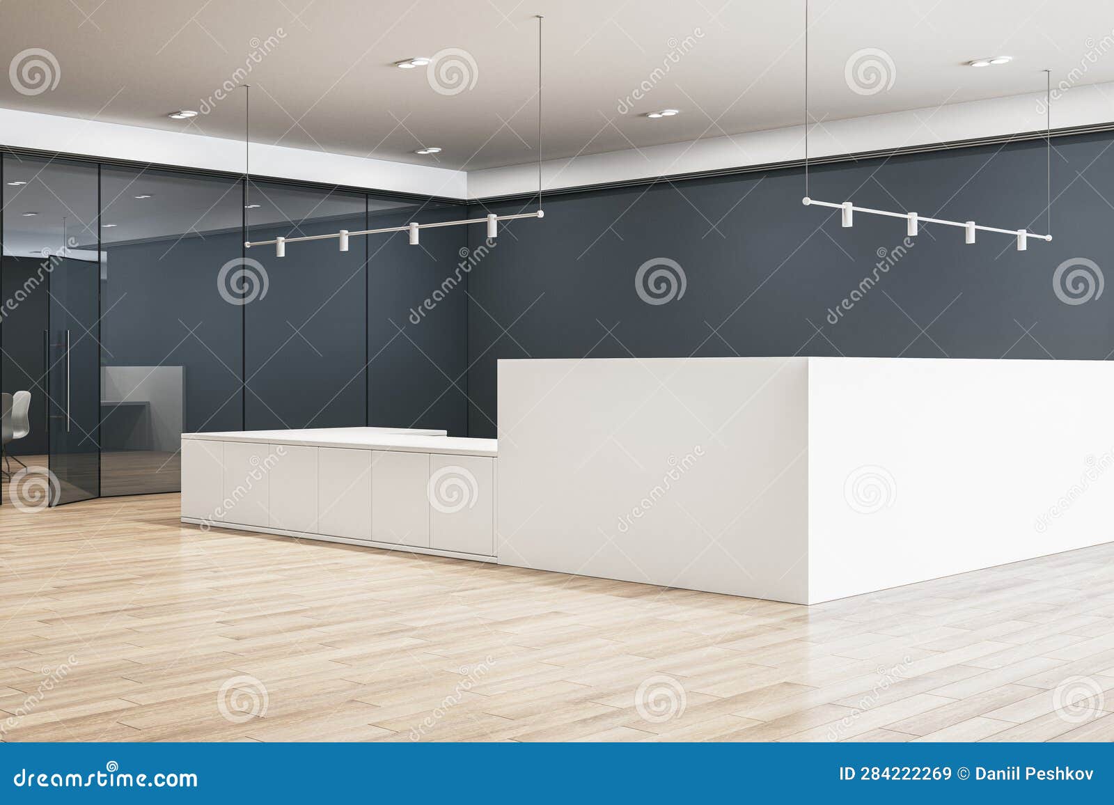 Simple Concrete, Wooden And Marble Office Lobby Interior With Shiny ...