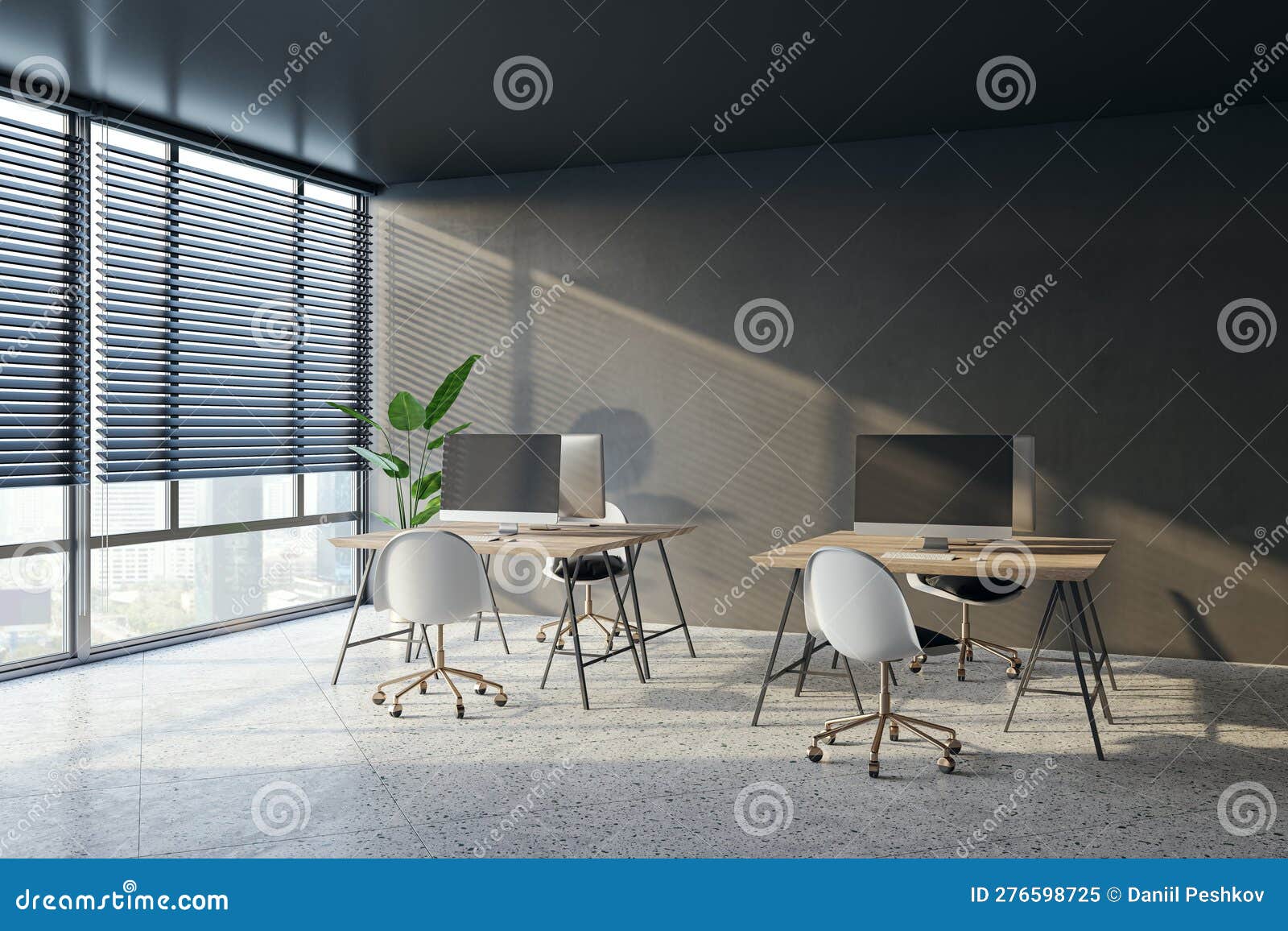 Simple Coworking Office Interior with Window and City View, Blinds ...