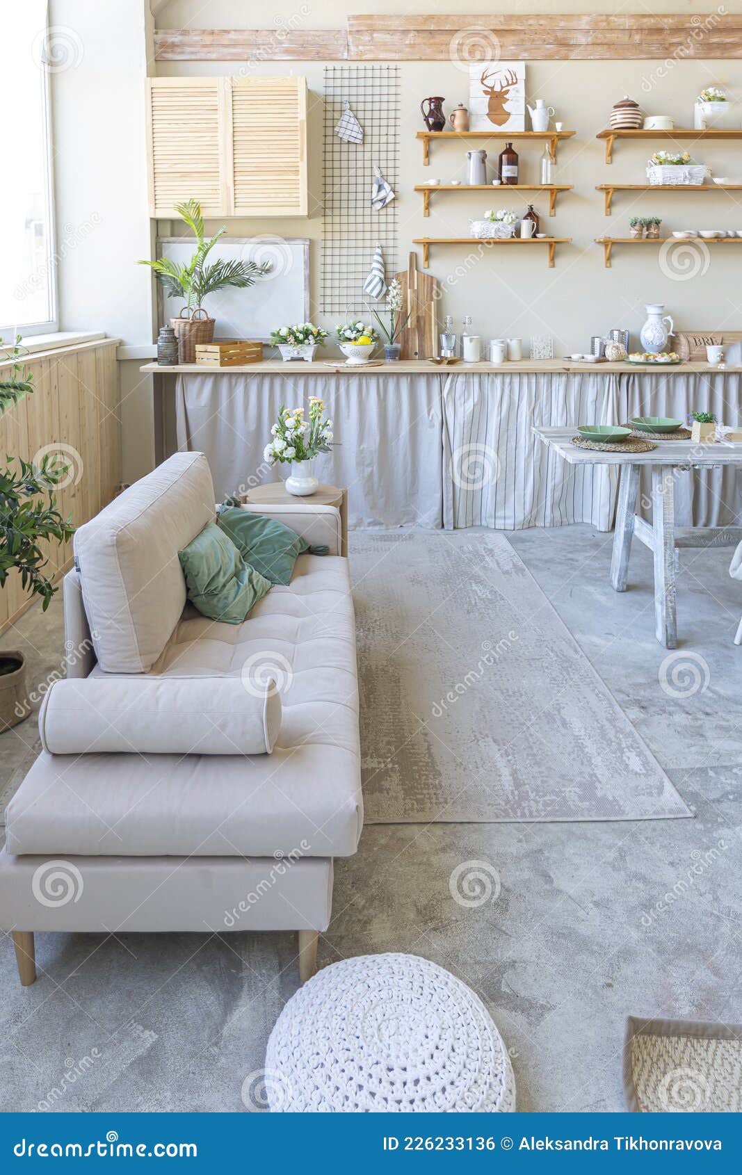 Simple Cozy Home Interior of an Open Plan Ordinary Room with a Kitchen ...