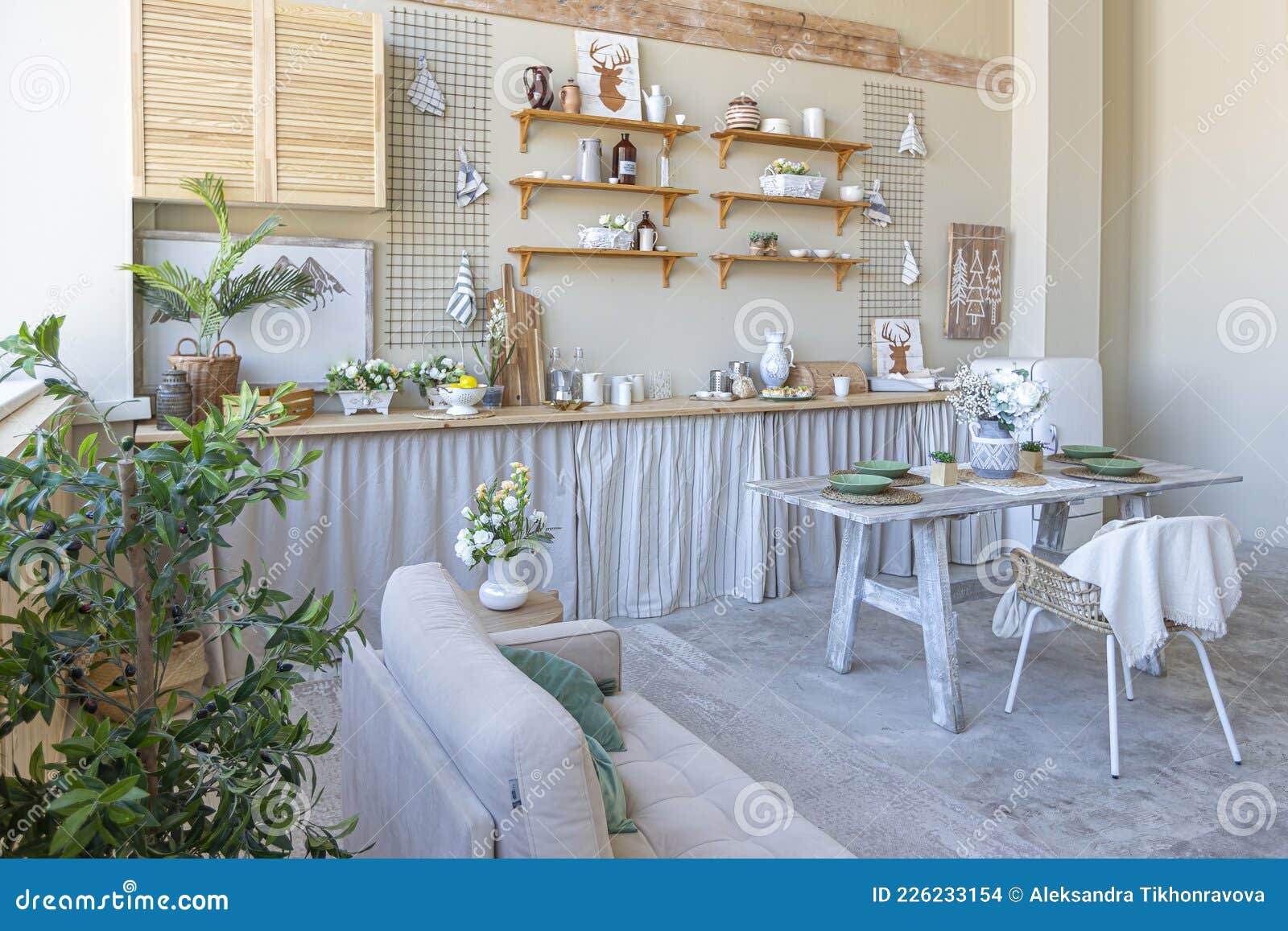 Simple Cozy Home Interior of an Open Plan Ordinary Room with a Kitchen ...