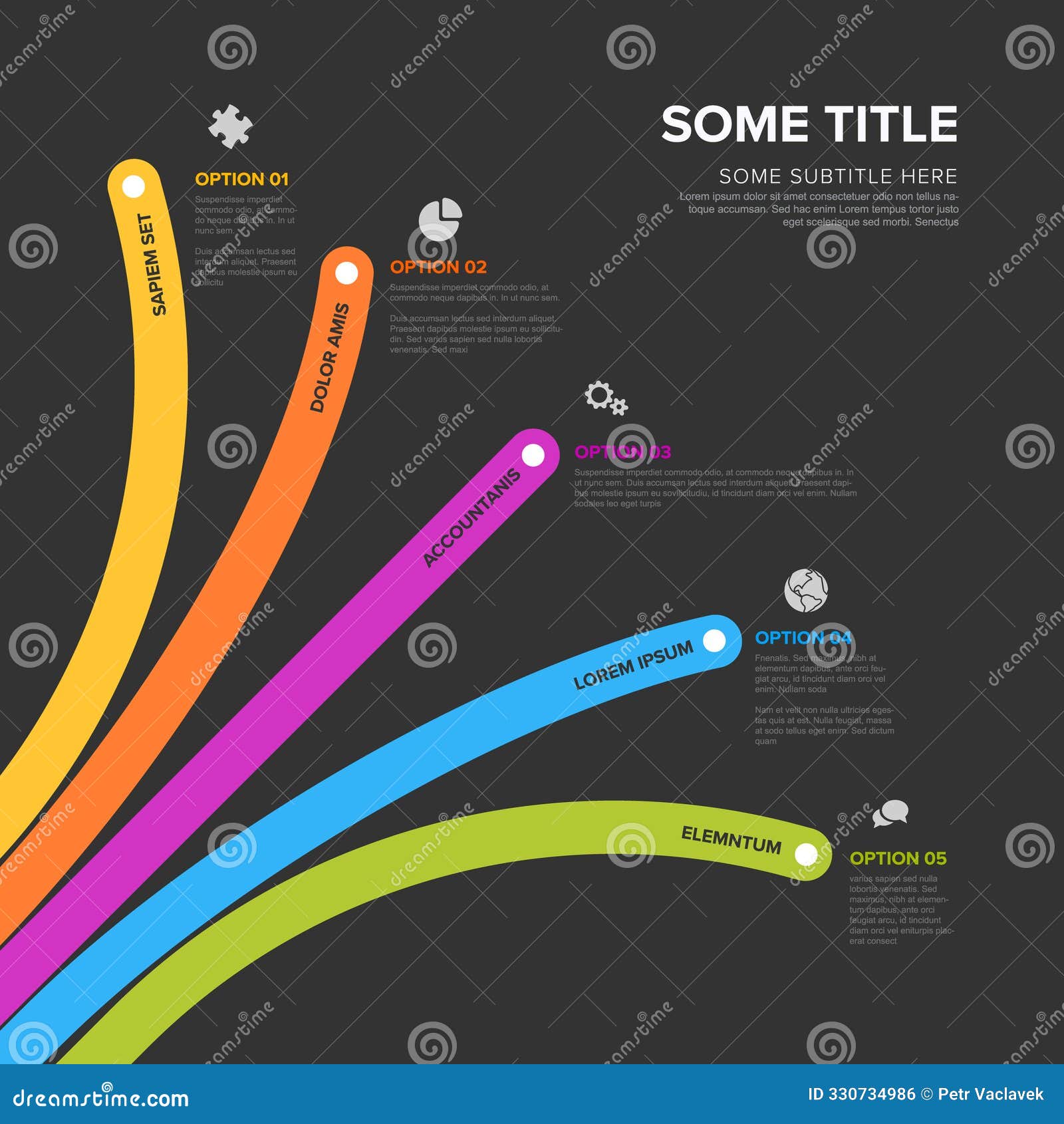 Simple Dark Diagonal Infographic with Title and Five Arrows Pointing on ...