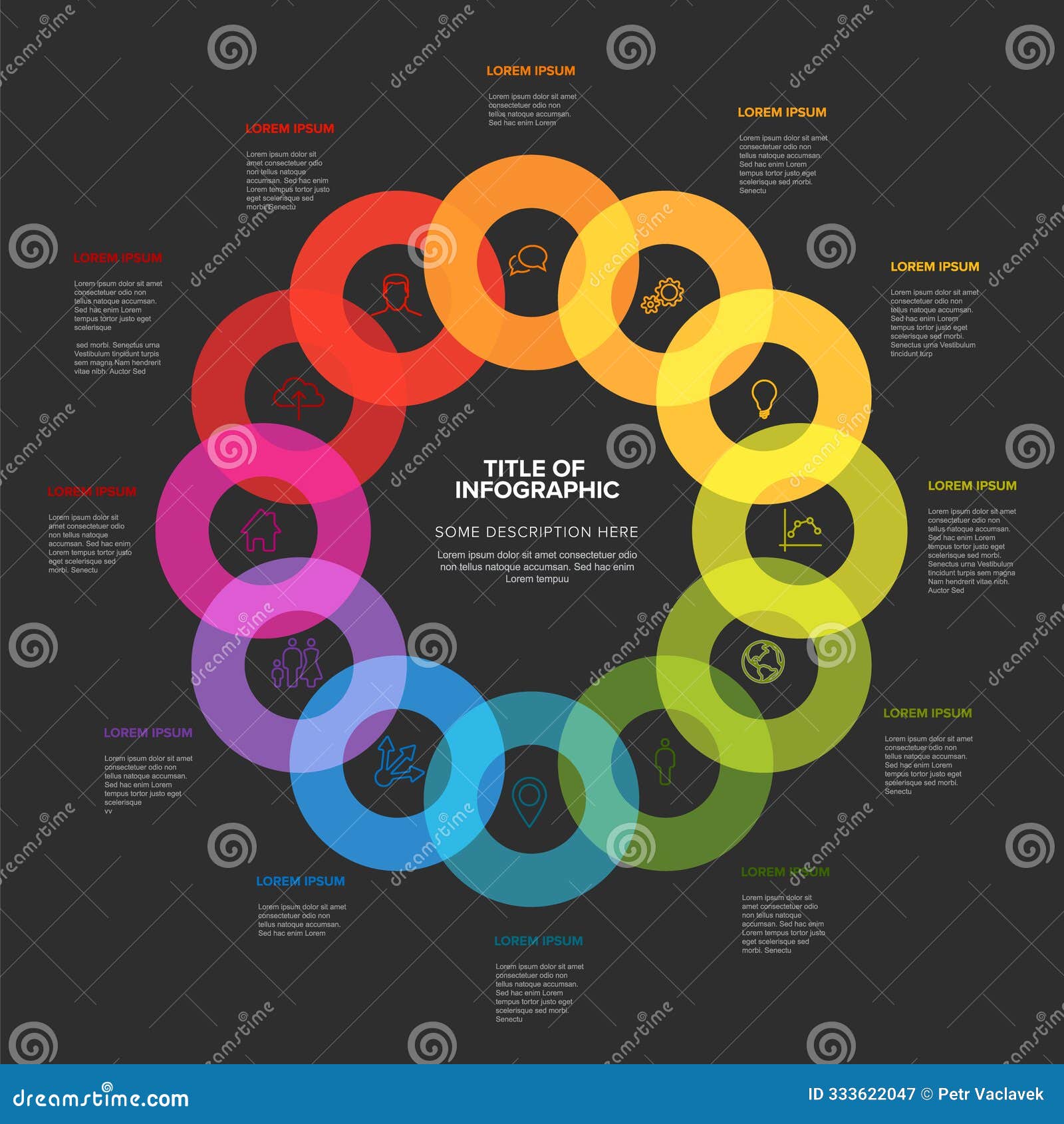 Simple Dark Infographic With Twelve Circles With Icons In One Big Cycle ...