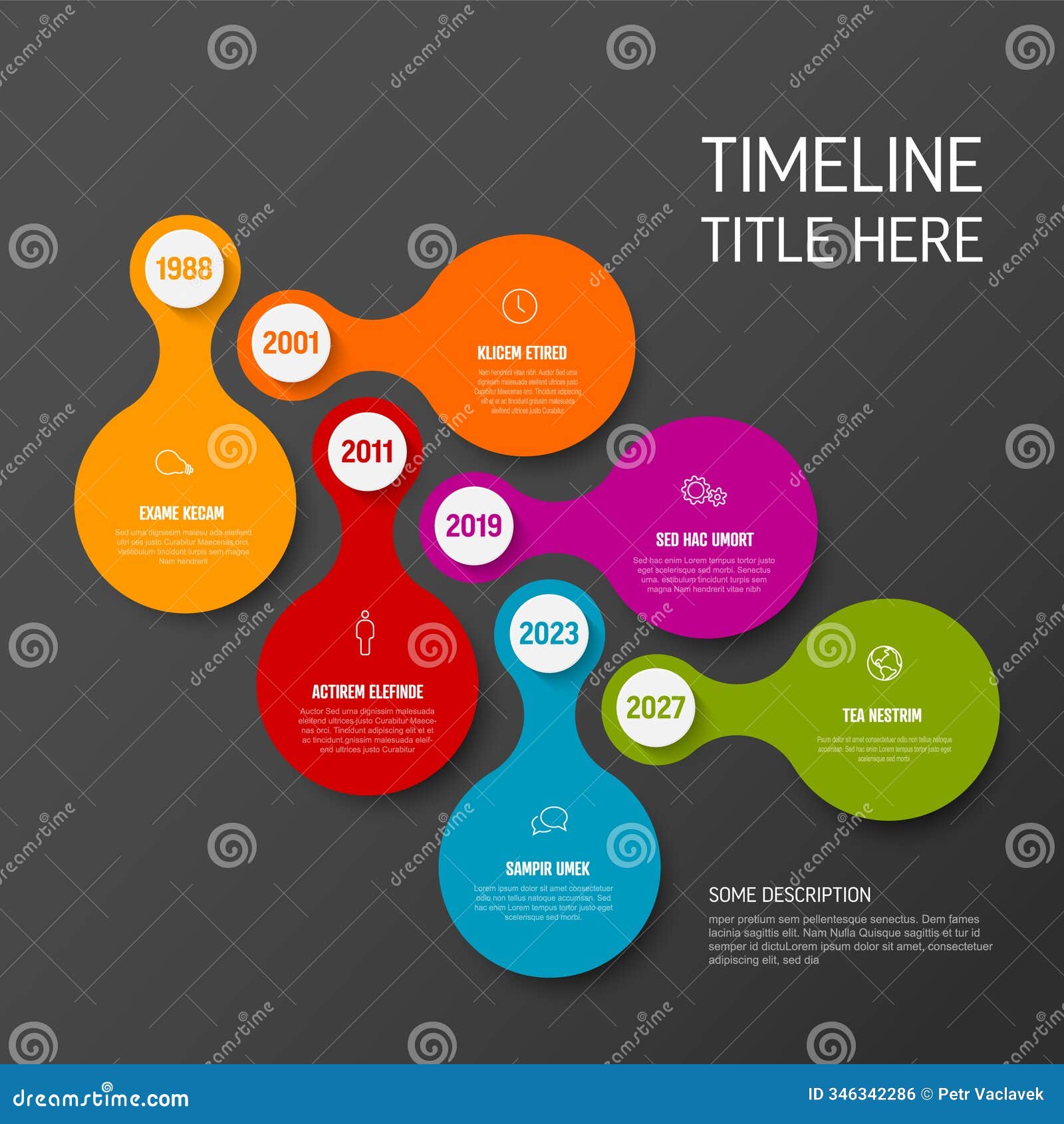 Simple Dark Solid Color Diagonal Timeline Template with Content Circles ...
