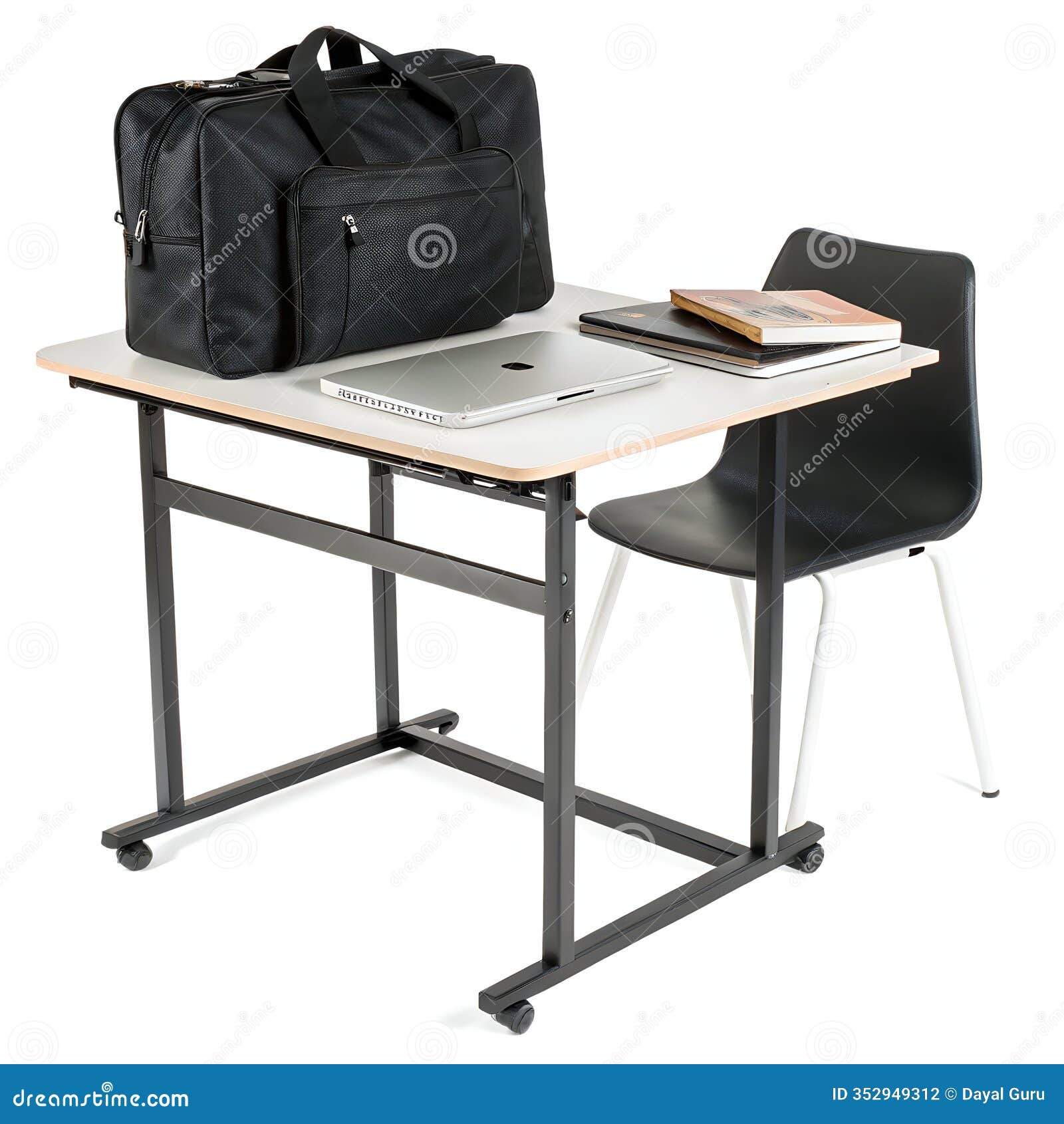 Desk with Black Bag Isolated on White Stock Photo - Image of decor ...