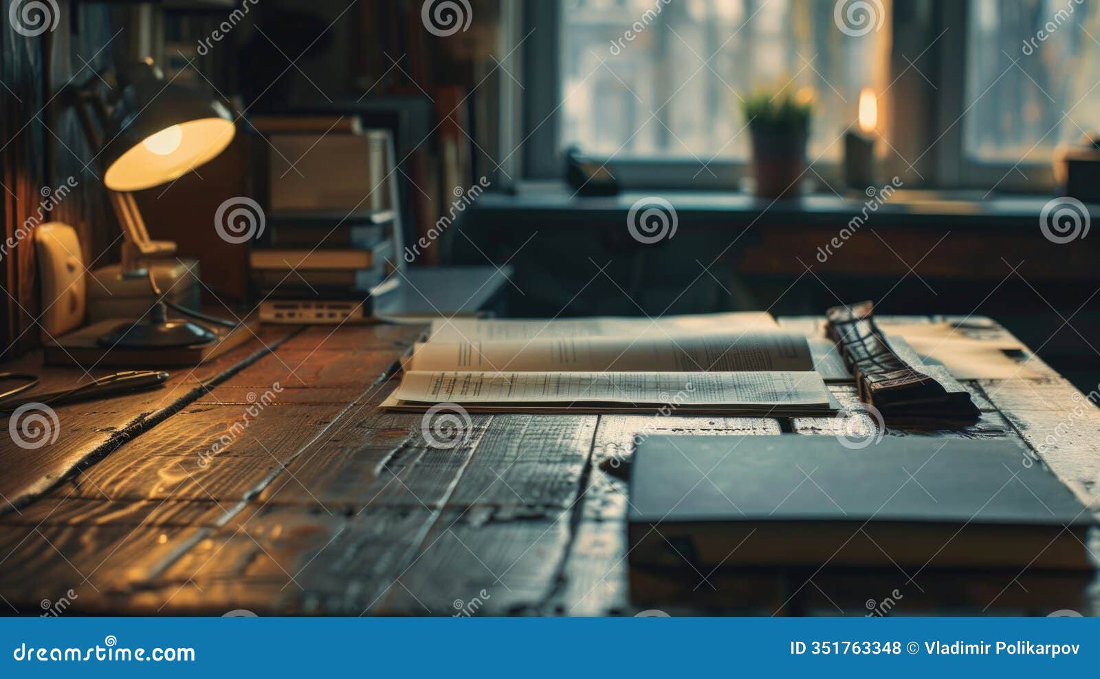 A Simple Desk Setup with a Book and Lamp. Suitable for Educational or ...