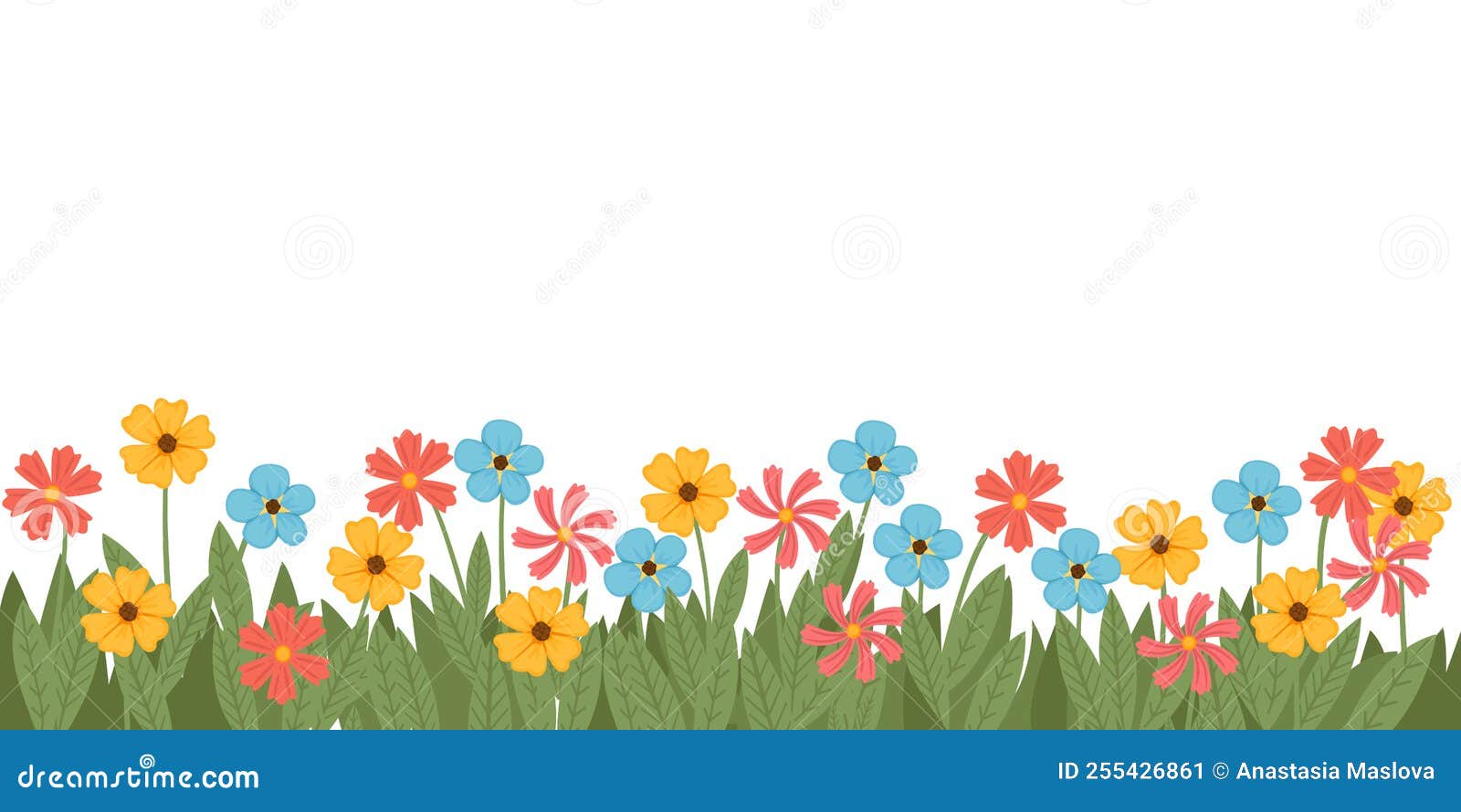 Simple Different Colored Flowers Bed with Green Grass and Leaves Vector ...