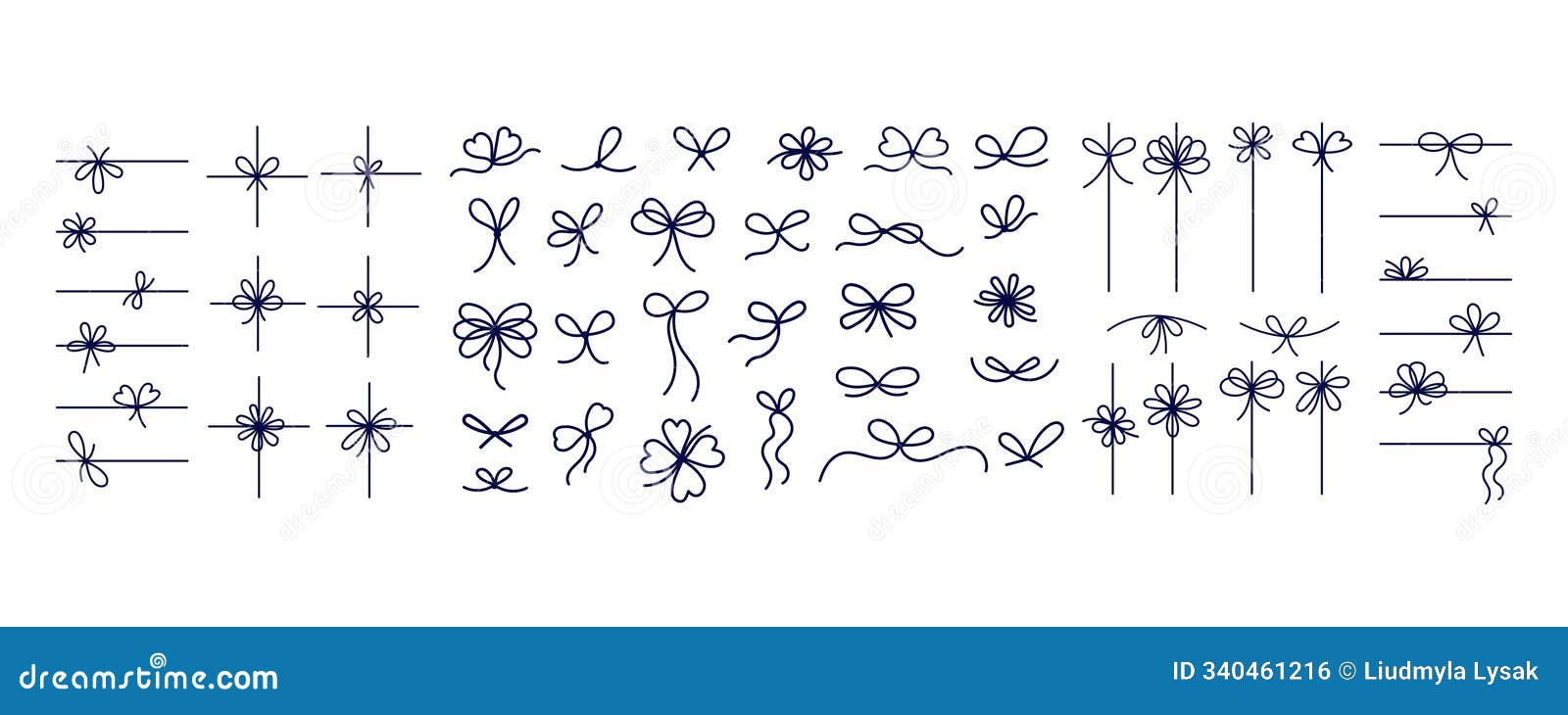 Simple Different Line Bow Ribbon Doodle Big Set. Isolated Vector Hand ...